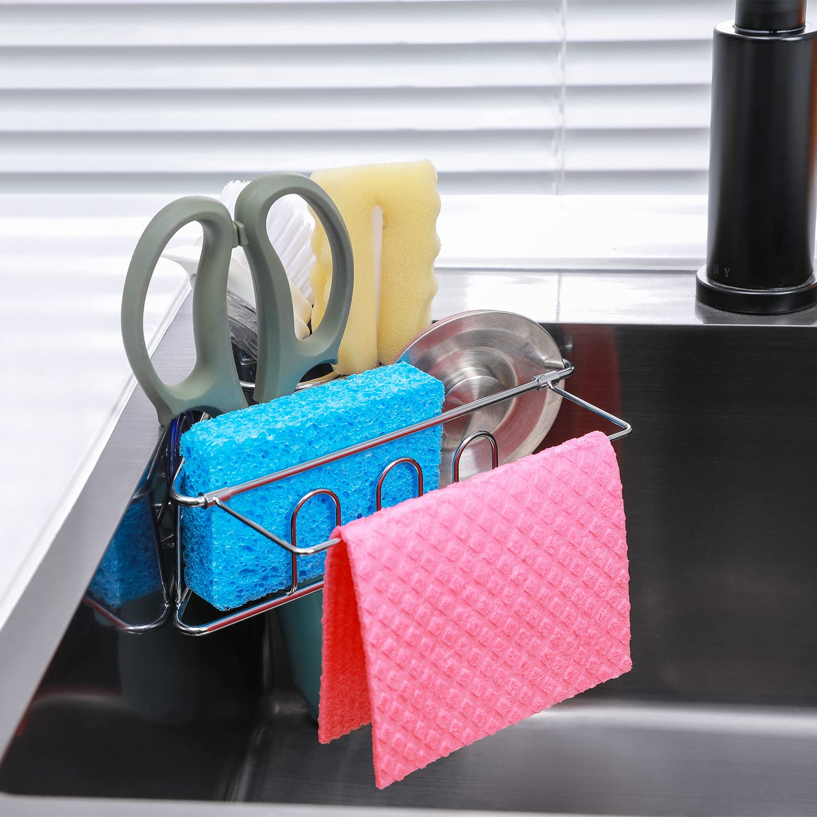 MAISEEN Kitchen Sink Caddy Sponge Holderļ¼ Space Saving Kitchen Sink Organizer + Sink Brush Holder + Dish Rag Holder, 304 Stainless Steel, Multi-Purpose 6 In 1 Kitchen Sink Accessories. Silver