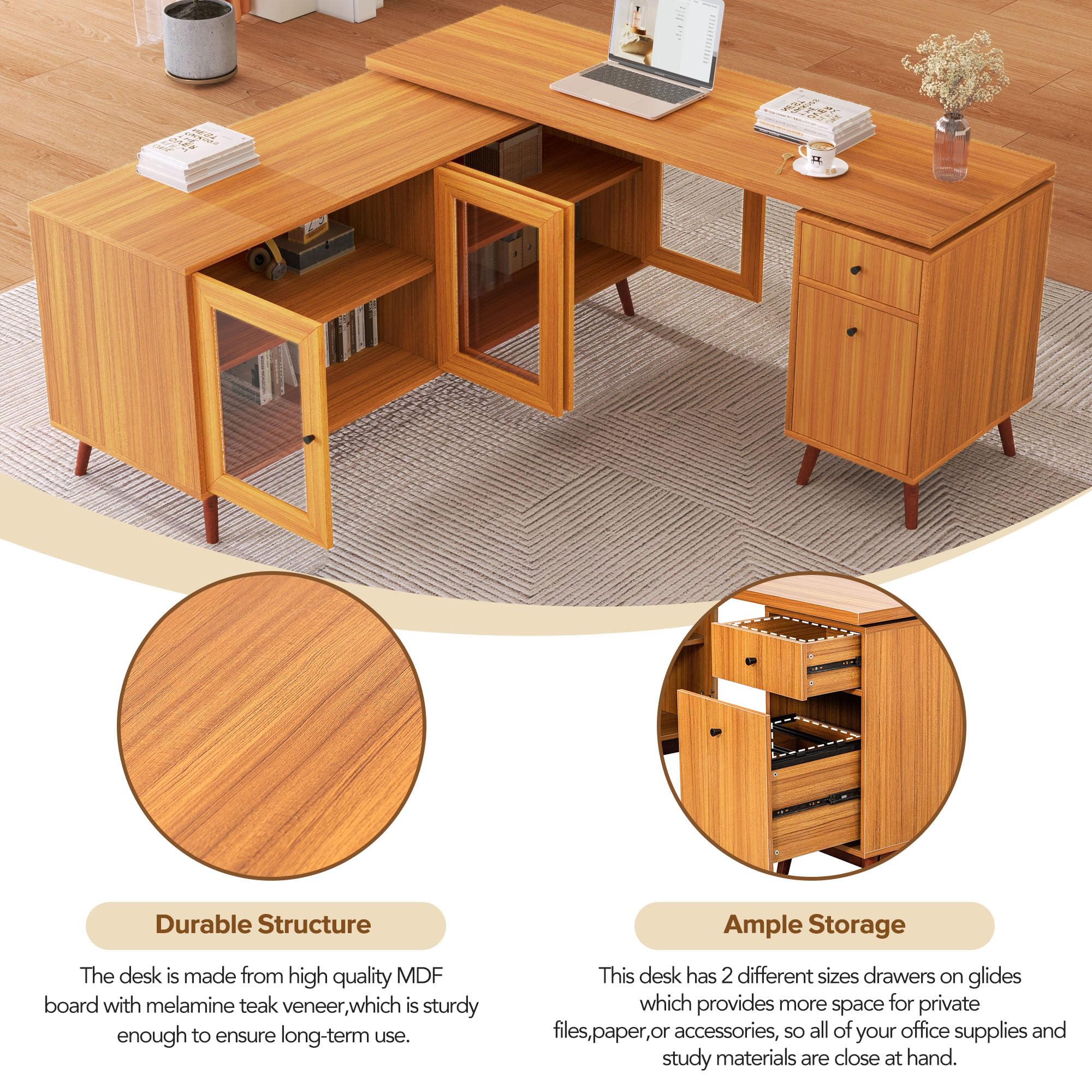 Pajadar L-Shaped Desk 66.5", Modern Executive Table with Delicate Tempered Glass Cabinet Storage, Teak Desk with Drawers, Long Desk for Modern Home Office
