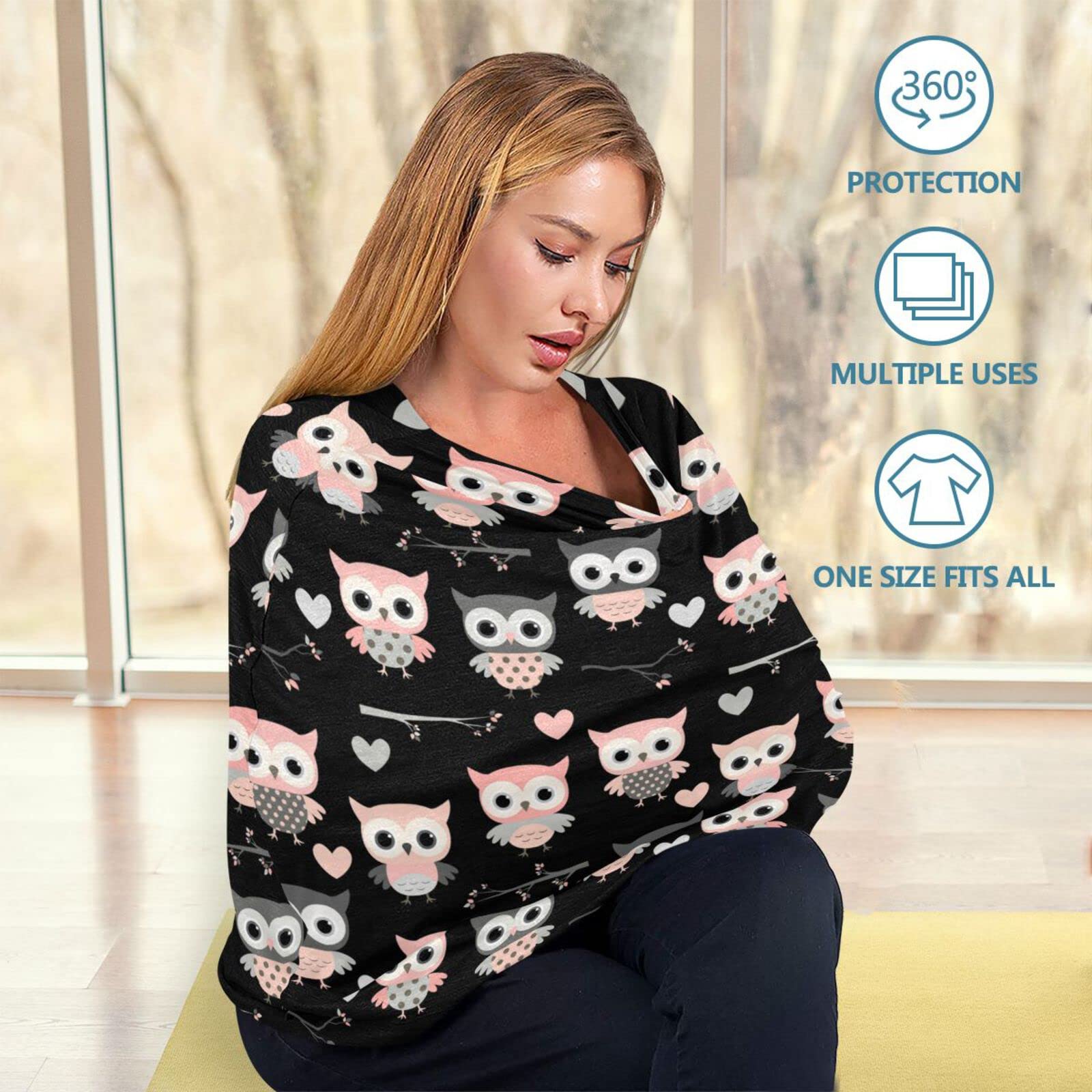 Nursing Cover Breastfeeding Scarf Pink and Grey Owls - for Baby Car Seat Covers, Stroller Cover, Carseat Canopy(228ya4b)