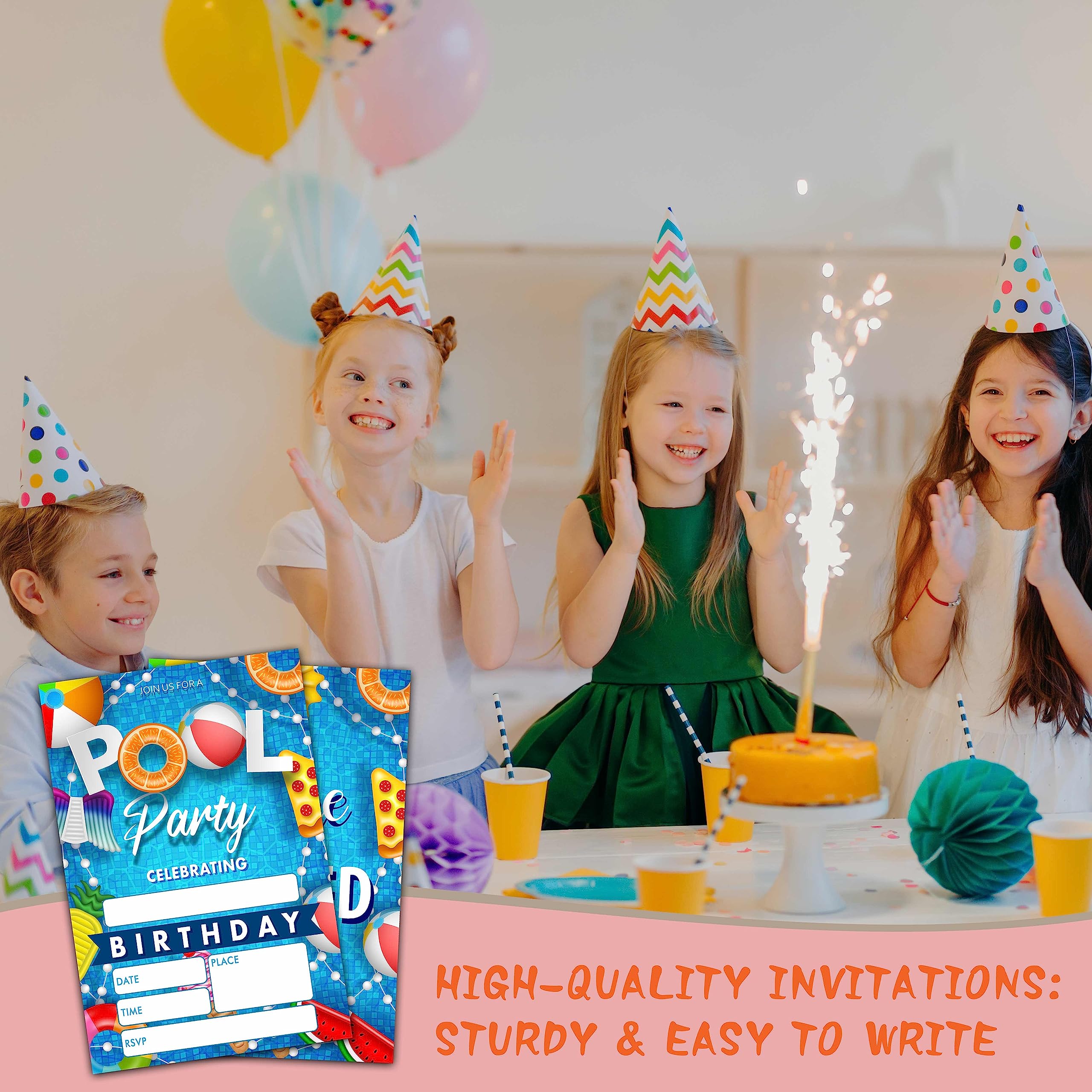 TIRYWT Pool Party Birthday Invitations with Envelopes(20-Pack), 4"x6" Fill-In Style Summer Swimming Pool Birthday Party Invites -A01