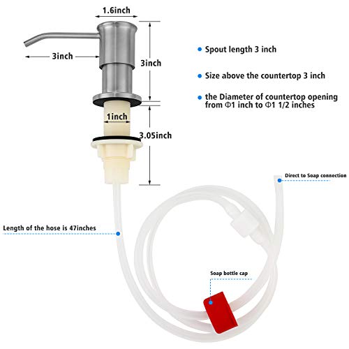 One Sight Soap Dispenser for Kitchen Sink and 47'' No-spill Extension Tube Kit, Stainless Steel, Kitchen Dish Soap Dispenser Pump In Sink Connects Directly To Soap Bottle