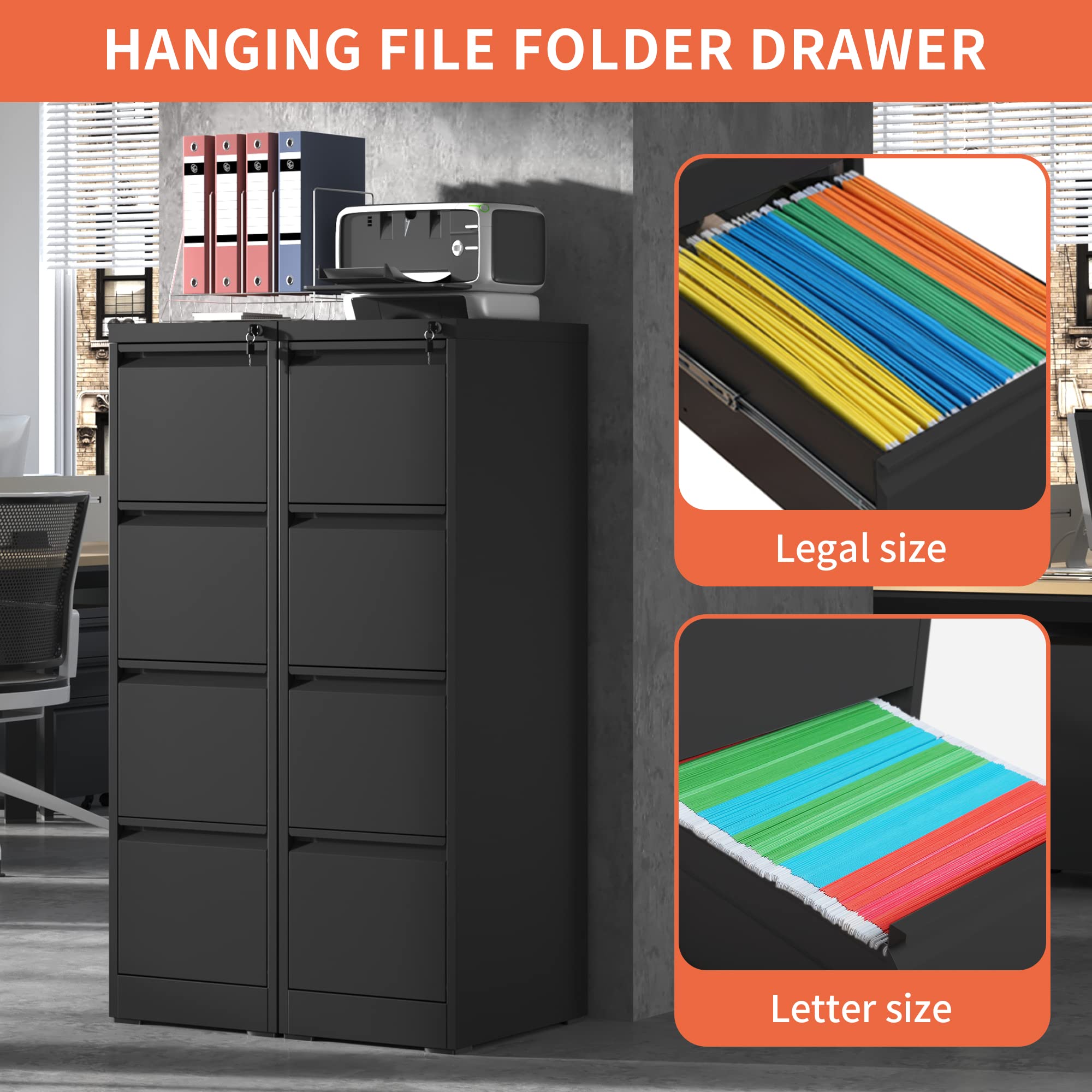 IKIMI 4 Drawer File Cabinet,Metal Filing Cabinets with Lock,Black Vertical File Cabinet for Home Office,Heavy Duty Metal Storage Cabinet for A4/Letter/Legal Size File,Assembly Required