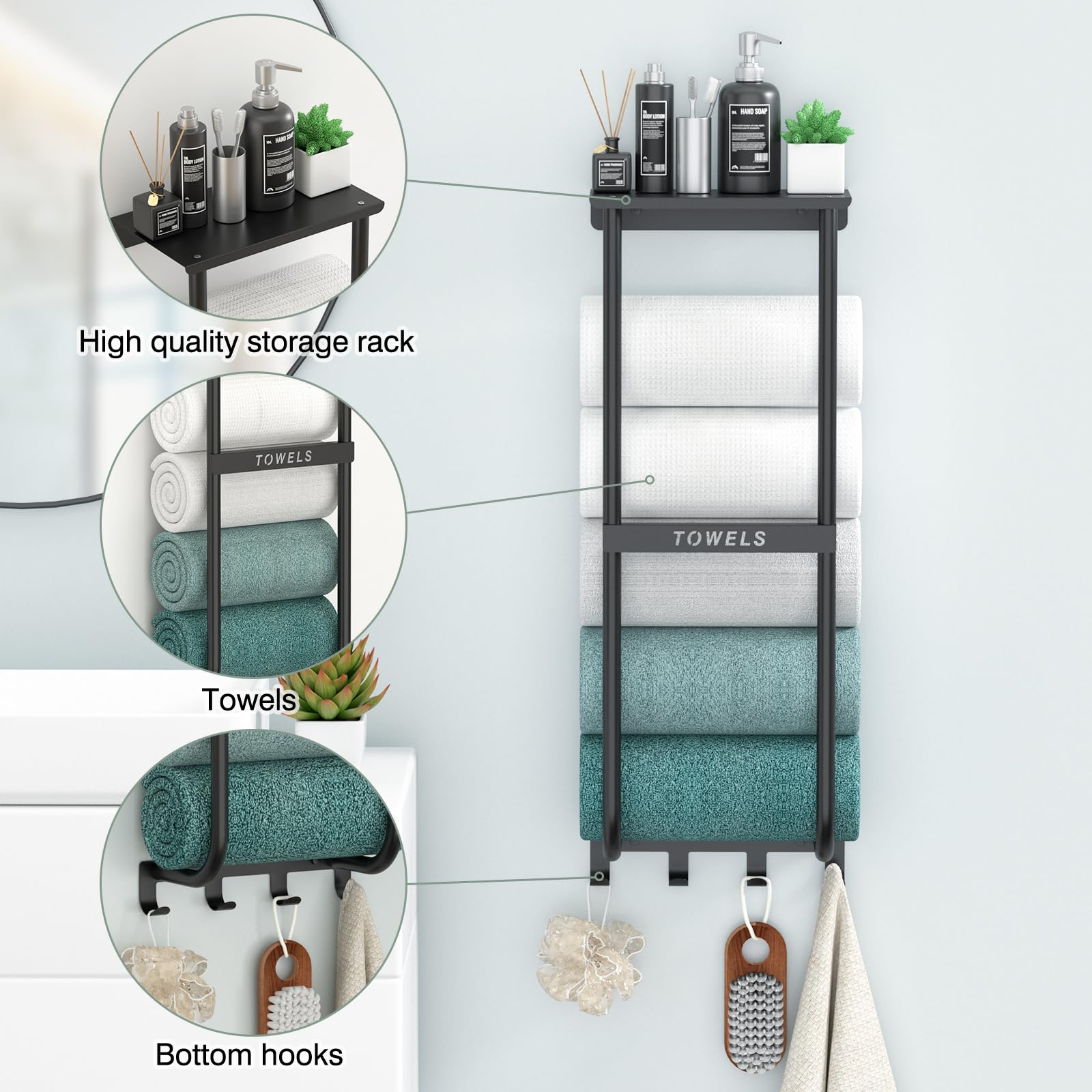 Towel Racks for Bathroom, Black Towel Rack Wall Mounted, Towel Holder for Bathroom Wall, Bath Towel Shelf with Hooks,Stainless Steel Towel Organizer,Bathroom Towel Storage for Rolled Towels.