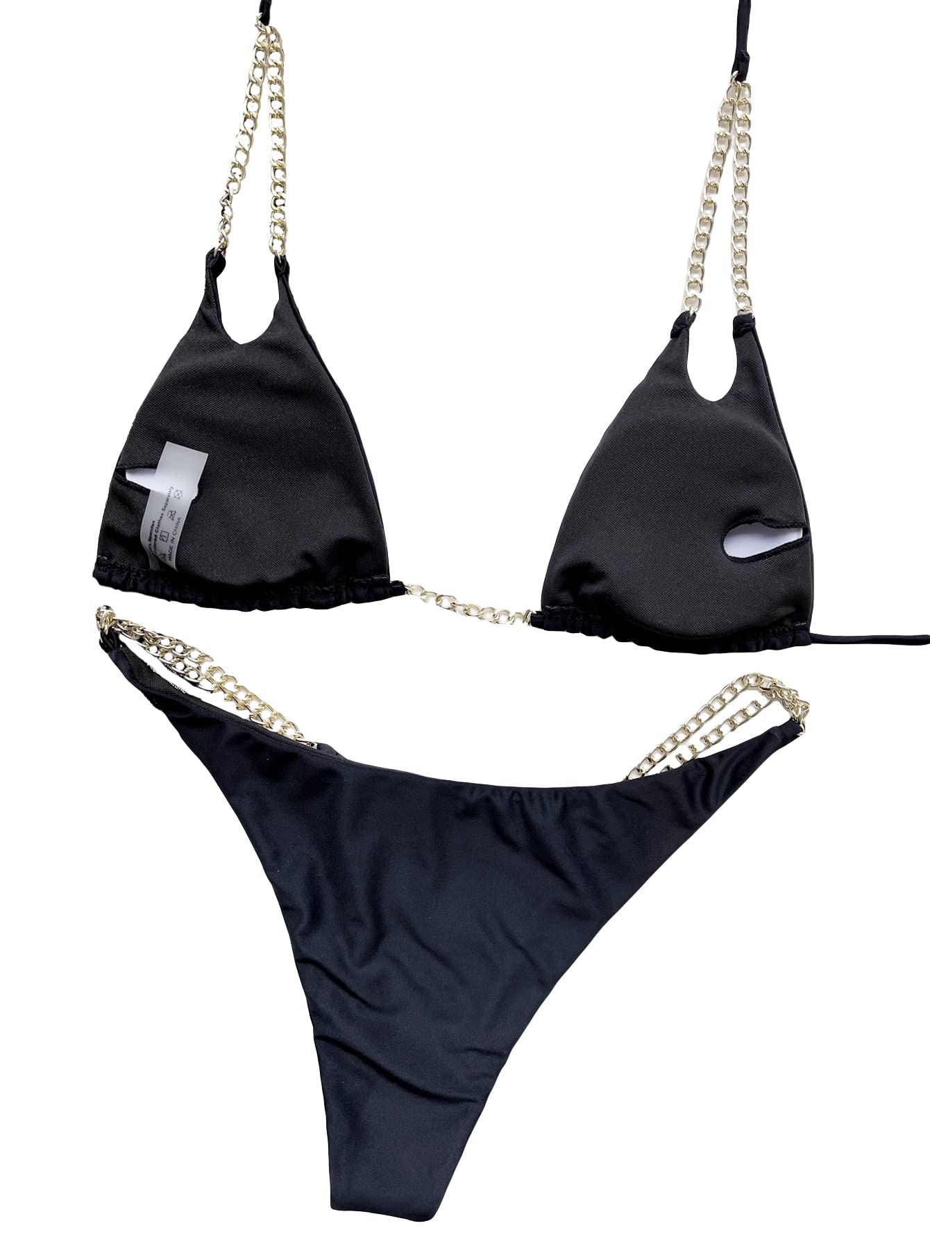 GORGLITTER Women's Sexy 2 Piece Bikini Set Chain Linked Halter Triangle Swimsuit Bathing Suit Black Medium