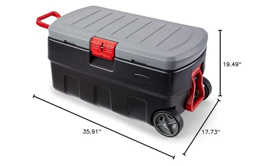 Rubbermaid ActionPacker 35 Gal Wheeled Lockable Storage Bin with Lid, Heavy-Duty Water Repellent Industrial Container with Built-In Durable Wheels, Great Tool Organizer, Truck Bed Storage, and More