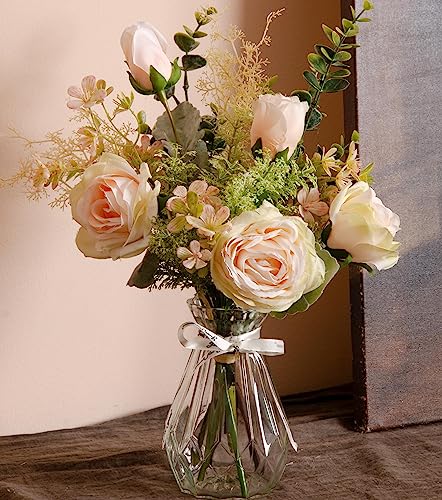 PERFNIQUE Faux Flowers with Vase, Artificial Silk Roses in Vase, Fake Eucalyptus Plant Bouquet, Floral Arrangements for Living Room, Dining Table Centerpiece, Coffee Table Decor (Peach Pink)