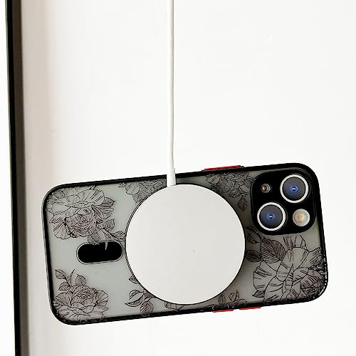 Skyseaco for iPhone 13 Mini Case Compatible with MagSafe for Black Frosted PC Back Protector Flower Shockproof Black Floral Blooms Design Protective Women Girls Phone Case - Flower Blooms/Black
