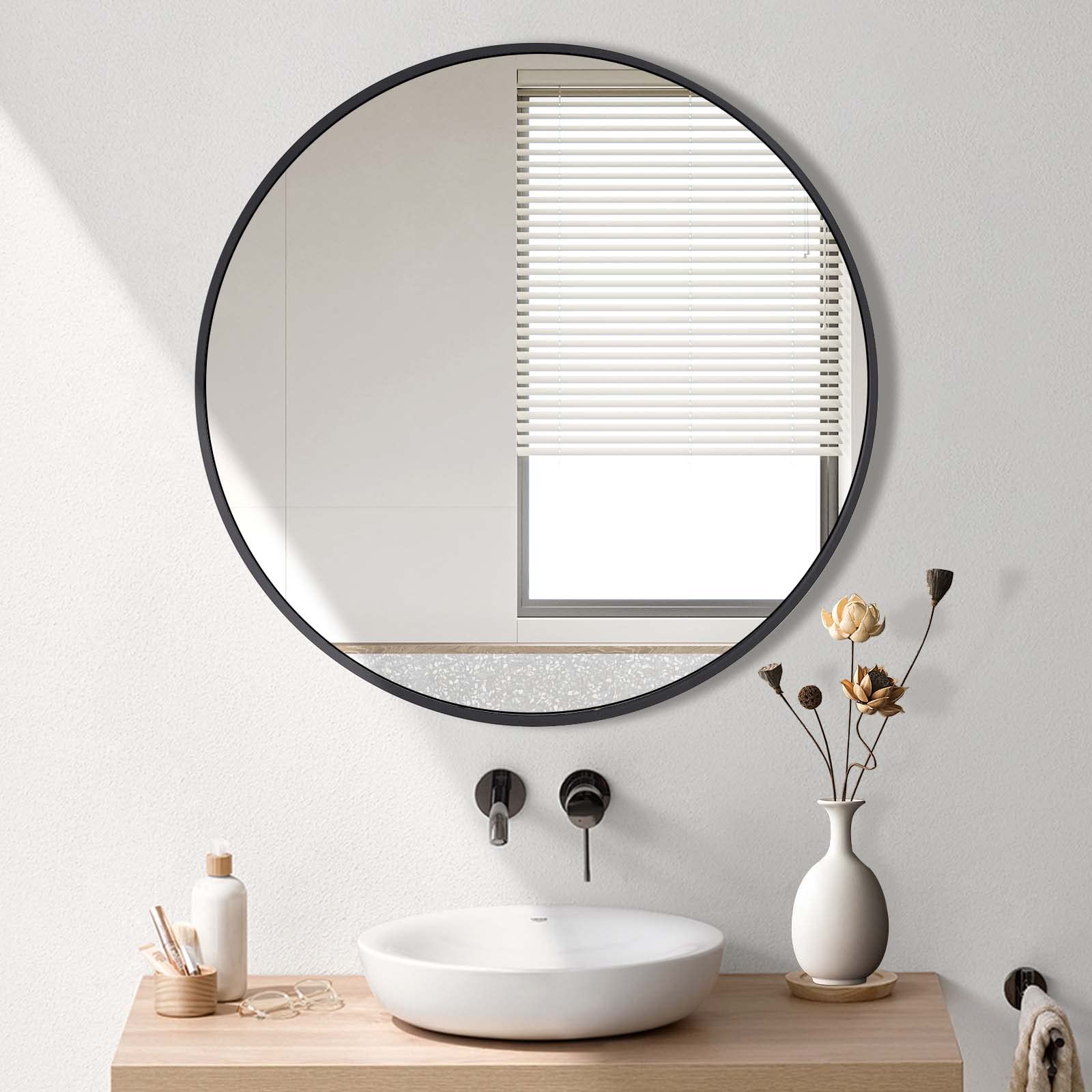 NUTTUTO Round Mirror 24 inch, Black Circle Mirror, Large Wall Mirror, Round Bathroom Mirror, Wall-Mounted Circle Mirror for Vanity, Living Room, Bedroom, Bathroom, Entryway, Hallway