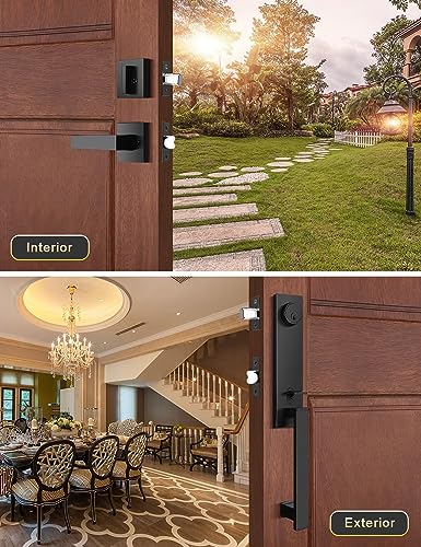Tinewa Full Escutcheon HandleSet Front Door Entry Handle and Deadbolt Lock Set Slim Square Single Cylinder Deadbolt and Lever Heavy Duty β Matte Black Finish