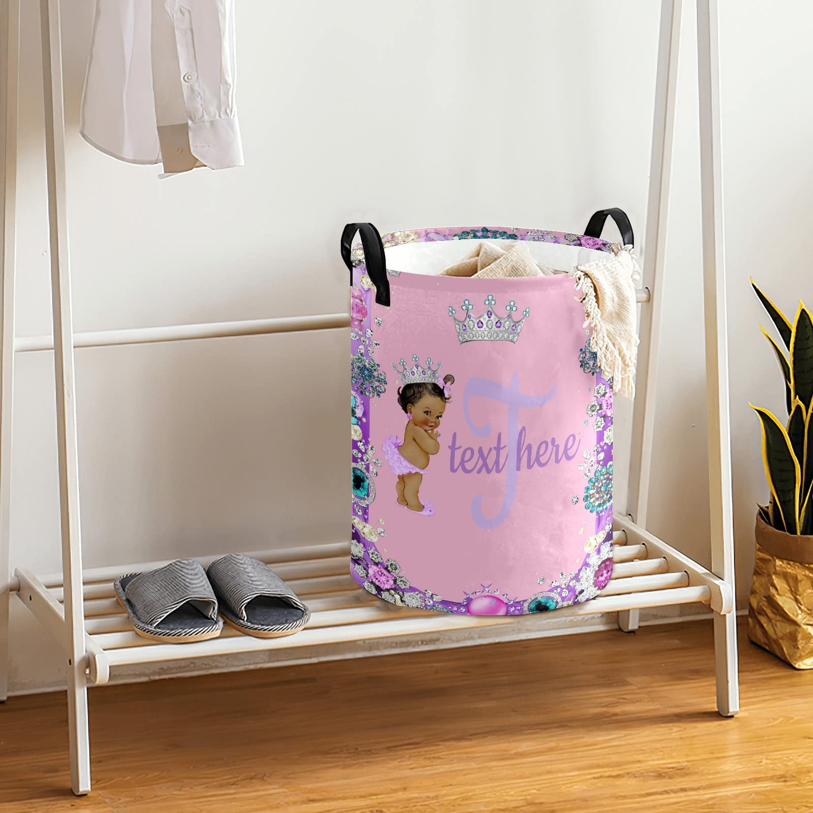 Personalized Custom Diamond Border Girl Collapsible Large Sized Clothes Hamper with Knitting Handles for Baby Girls Boys Kids Nursery Clothes Things