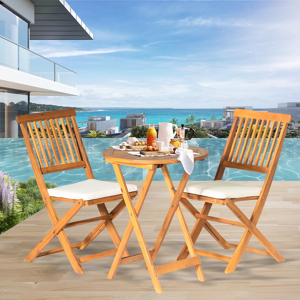 Panana 3PCS Patio Bistro Set Acacia Wood Folding Table Chairs with Cushions Foldable Patio Furniture Set for Outdoor Garden Deck Yard (Round)