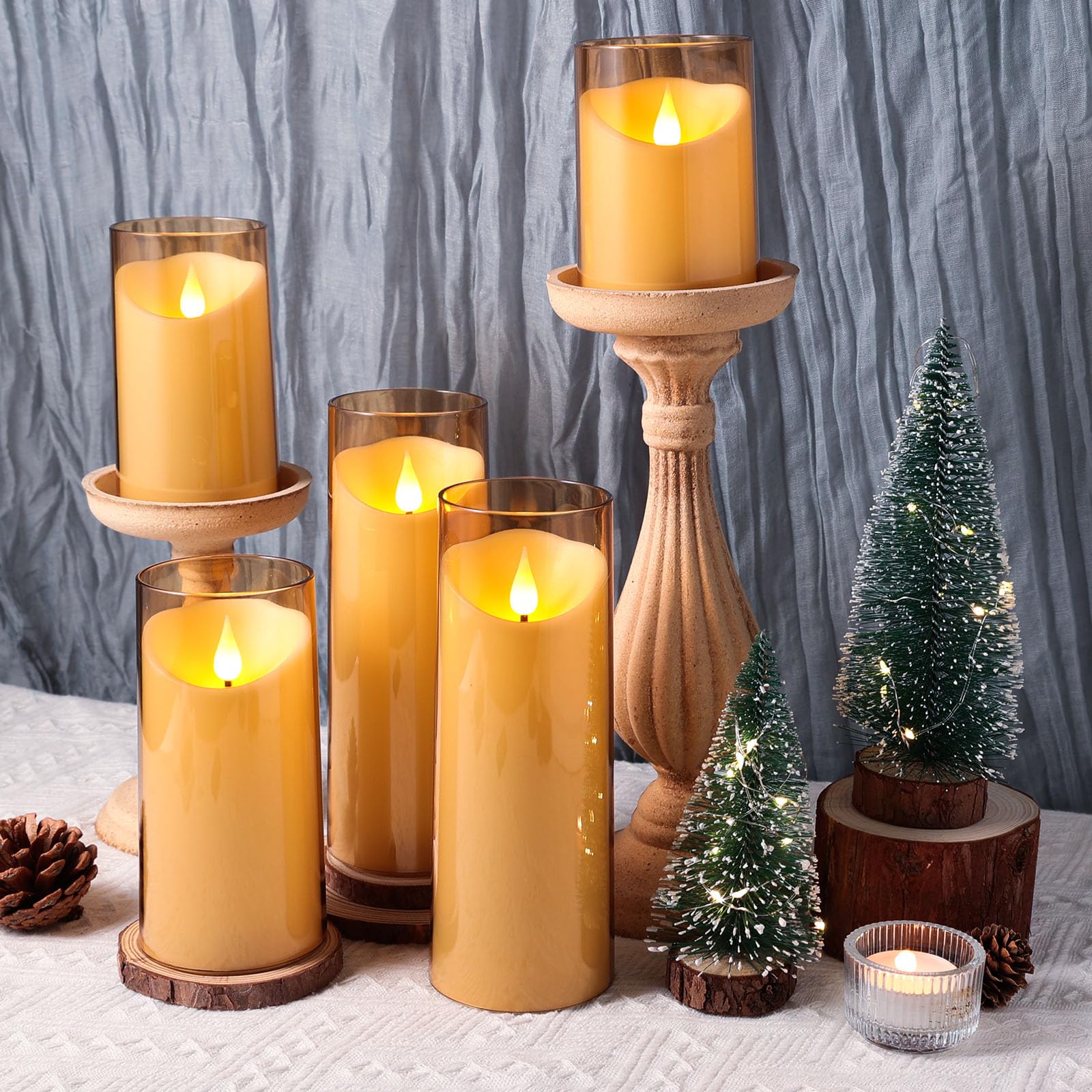 NURADA Flickering Flameless Candles: Acrylic LED Pillar Candles Battery Operated with Remote and Timer Imitation Glass Candle for Home Table Bathroom Decor, Gold, Pack of 5 (D 3"×H 4" 5" 6" 8" 8")