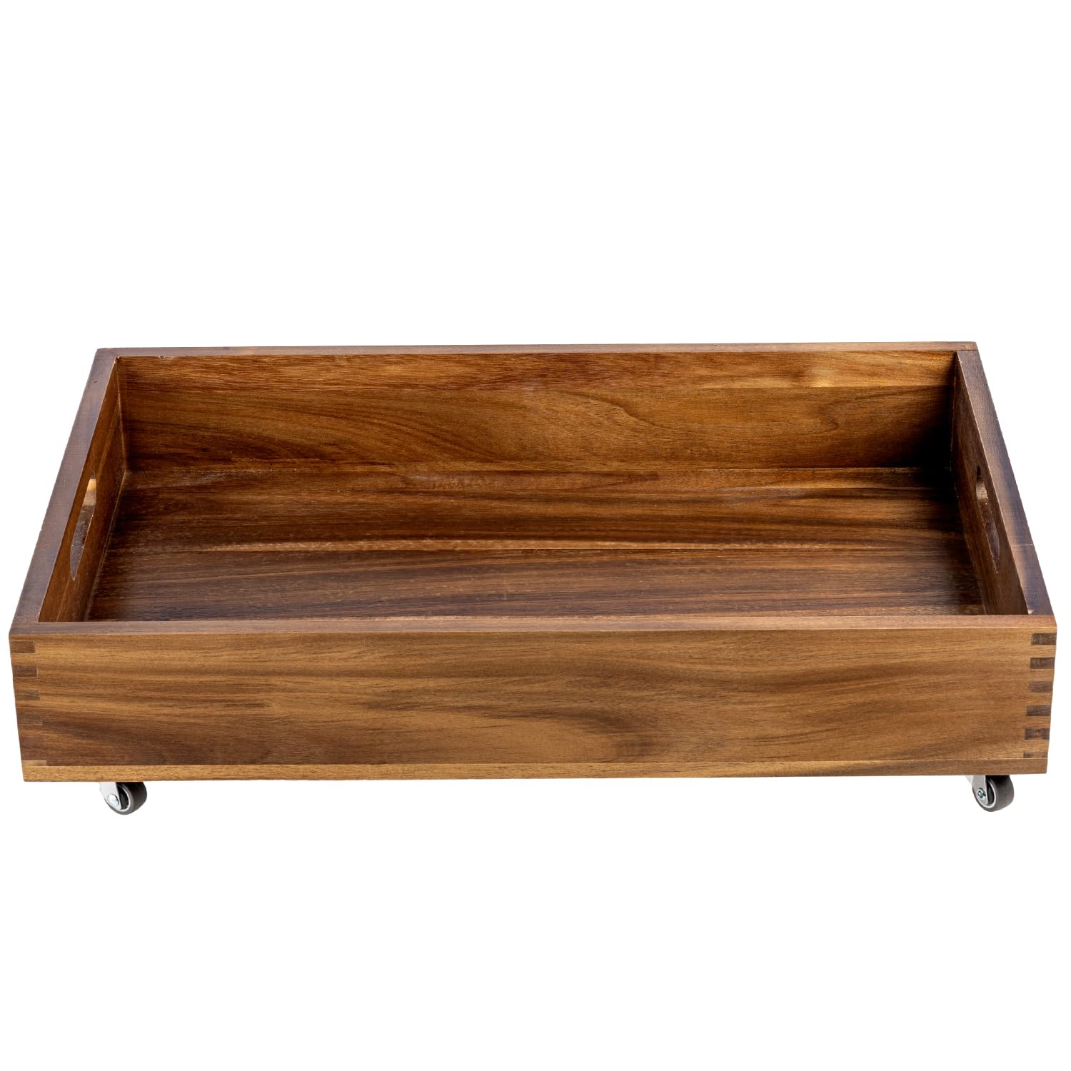 MyGift 24 Inch Premium Acacia Solid Wood Under Bed Storage Cart with Rotating Wheels, Wooden Box Joint Corner Rolling Underbed Bin Tray Space Saving Bedroom Organizer