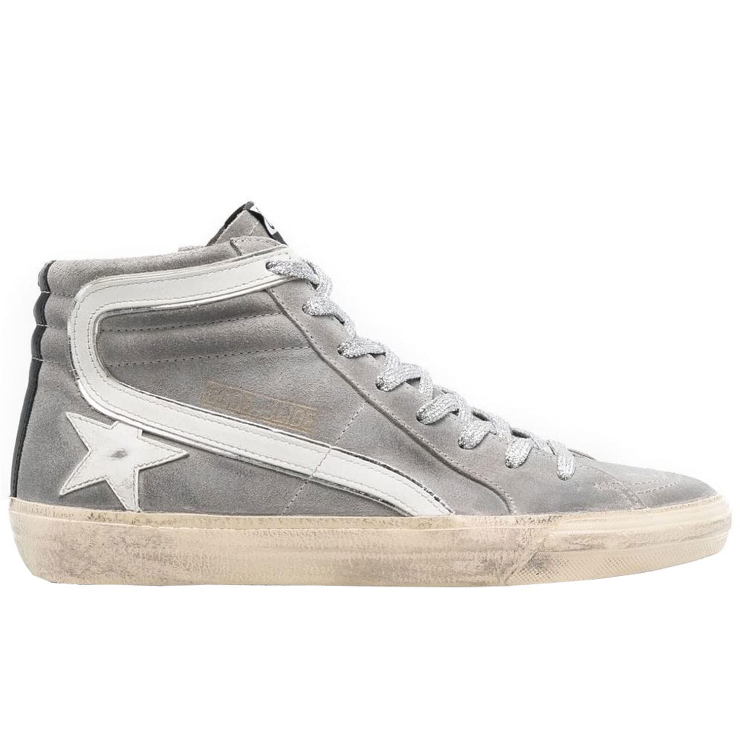 Golden Goose Slide Waxed Suede Upper Leather Star and List Laminated Wave Mens Sneakers-44 Grey
