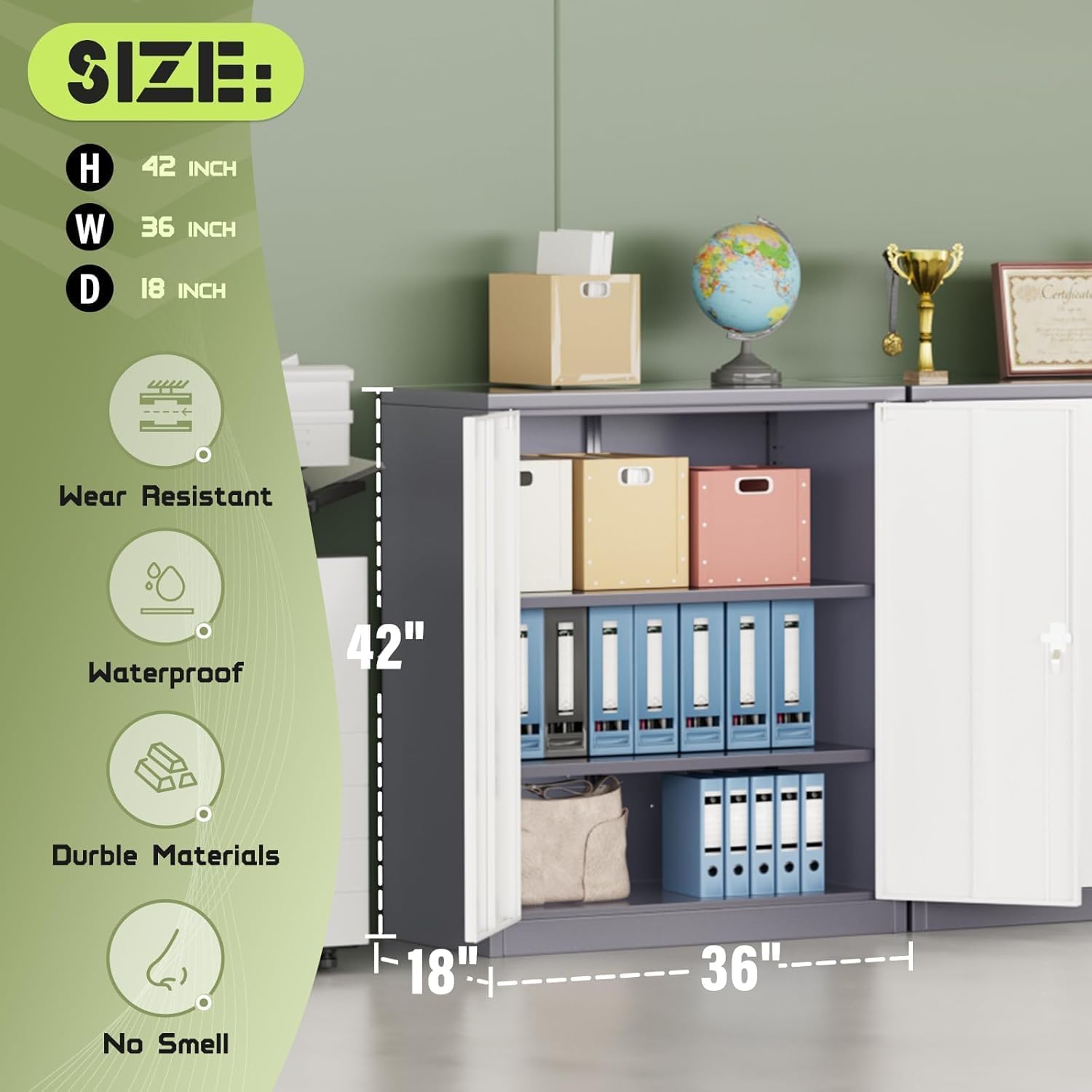 SUNCROWN Metal Storage Cabinets, 42”Locking Cabinet with Doors and Adjustable Shelves, Steel Utility Tool Garage Cabinets for Home, Office, Kitchen,Warehouse (Grey & White)