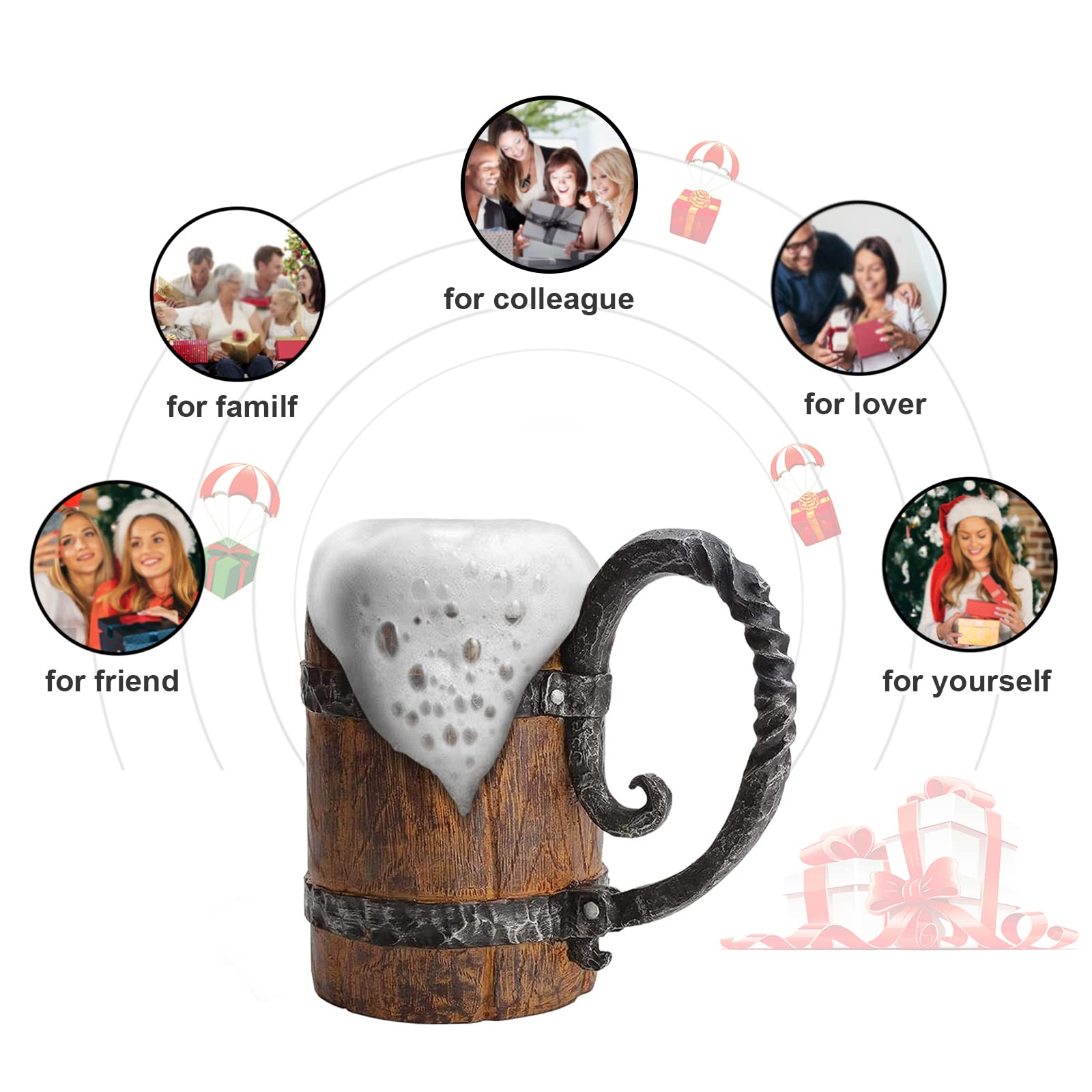 Kndatle Handmade Wooden Barrel Beer Mug, Bucket Shaped Drinkware with Handle, Stainless Steel Double Wall Cocktail Mug for Bar Restaurant, Vintage Bar Accessories (18 oz)