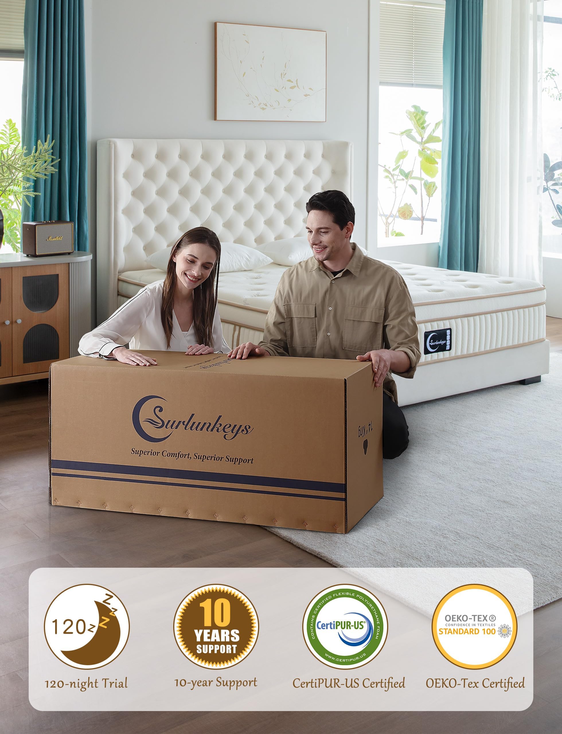 SURLUNKEYS Gel Foam Hybrid Mattress - Euro Top 14 Inch Full Size Mattress with Pocket Spring for Motion Isolating, Medium Firm Mattress in a Box, 120-night Trial