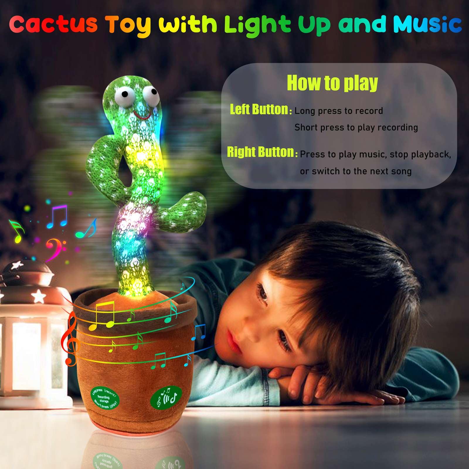 LGOUYGG Cactus Baby Tummy Time Toy, Singing Talking Mimicking with Light-Up Music, Interactive Gift for Infants and Toddlers