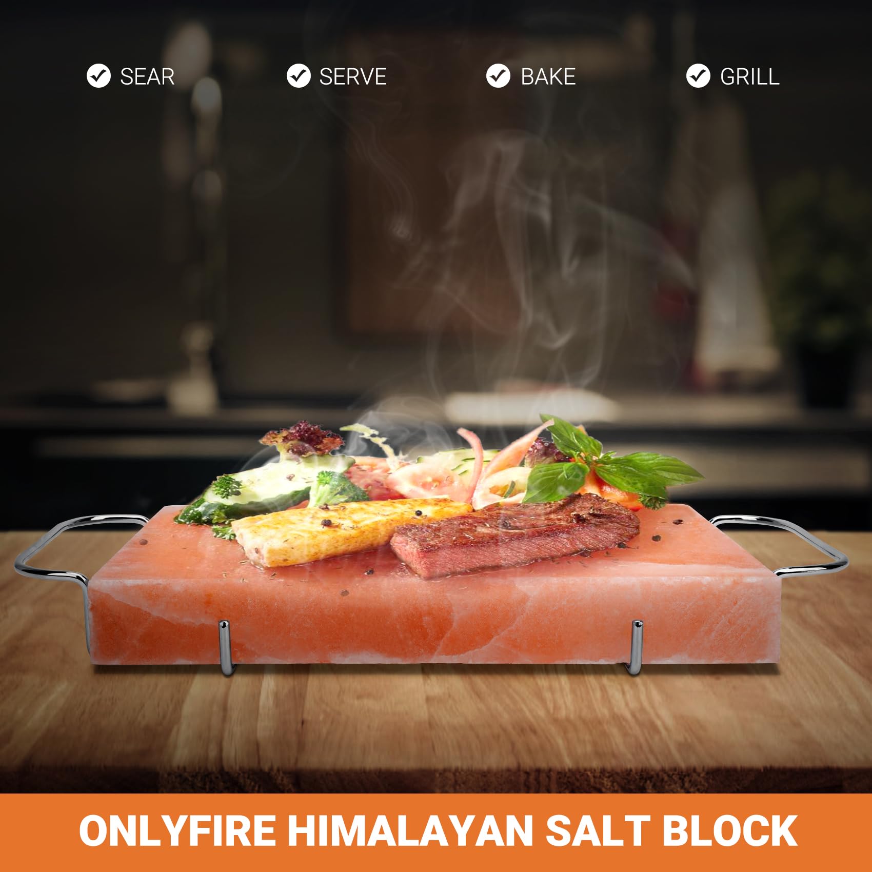Onlyfire Himalayan Salt Block Cooking Plate with Steel Tray Set 12β x 8β x 1.5β for Cooking, Grilling, Cutting and Serving