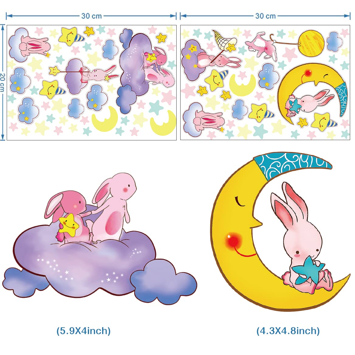 MESU Glow in The Dark Wall Decals Luminous Moon Stars Stickers Rabbit for Kids Bedroom Ceiling Decorate Starry Sky Star Rabbit