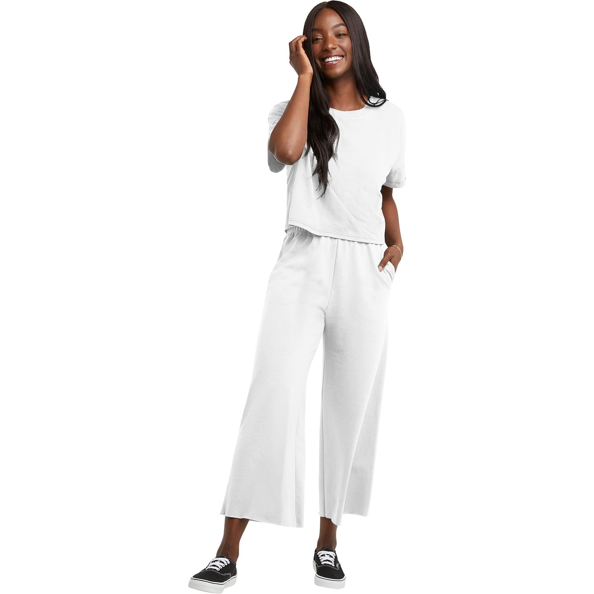 Hanes Women's Originals Boxy T-Shirt with Rolled Sleeves, 100% Cotton Crop Top, White