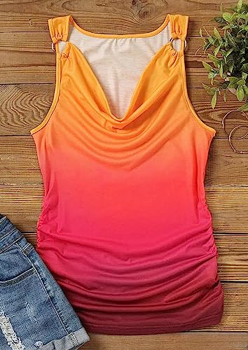 TAIUICY Womens Gradient Ruched Hollow Out Cowl Neck Tank Tops Sexy Cowl V Neck Draped Sleeveless Stretchy Blouse(M,Orange)