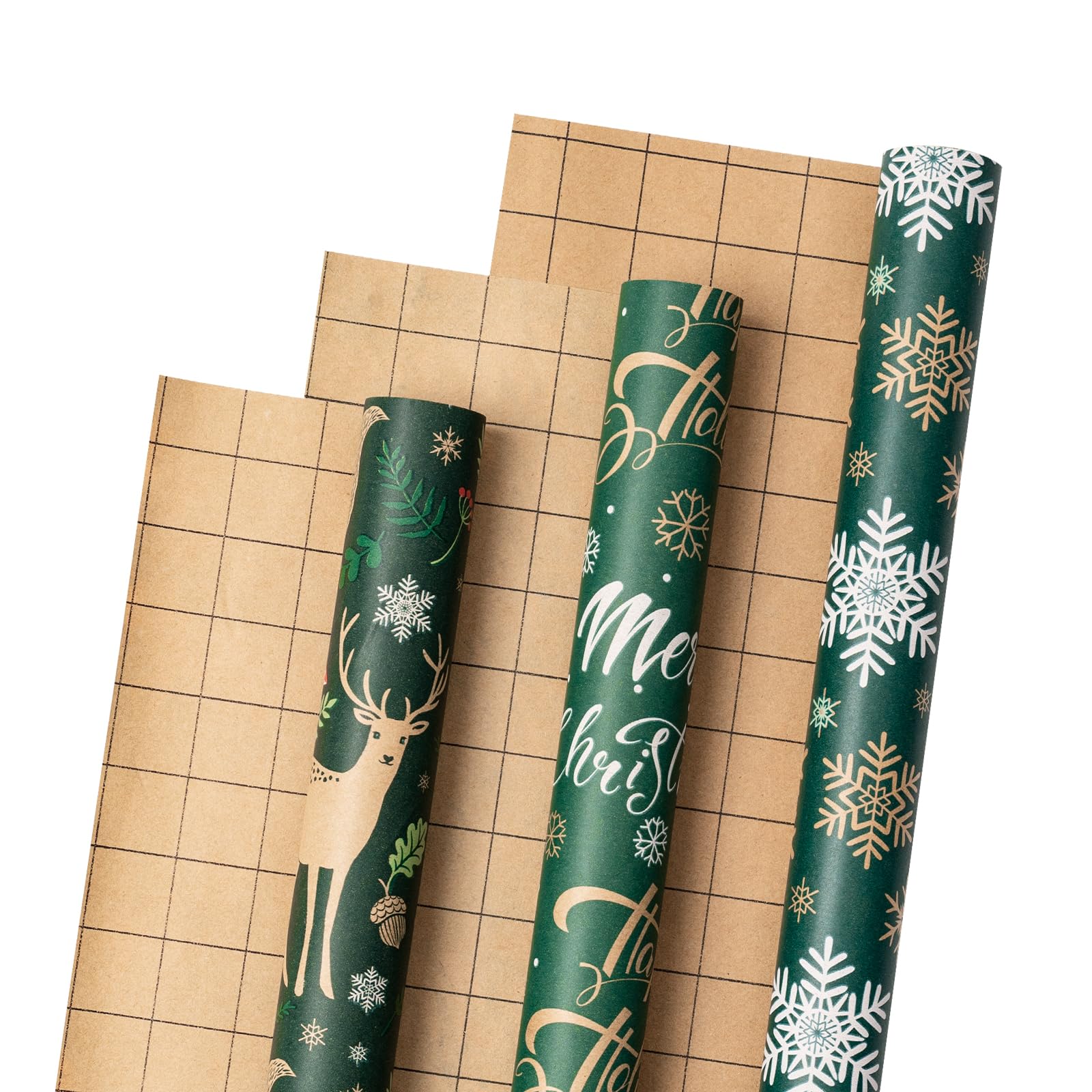 RUSPEPA Christmas Animals Wrapping Paper Rolls - 17 inches x 10 feet per Roll, Total of 3 Rolls - Green Design