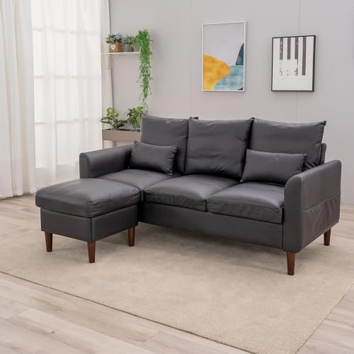 Panana Convertible Sectional Sofa Couch, 2 and 3 Seat L Shaped Sofa with Armrest Small Couch Ottoman for Living Room, Apartment and Office (Track Arms, 3 Seats with Ottoman)
