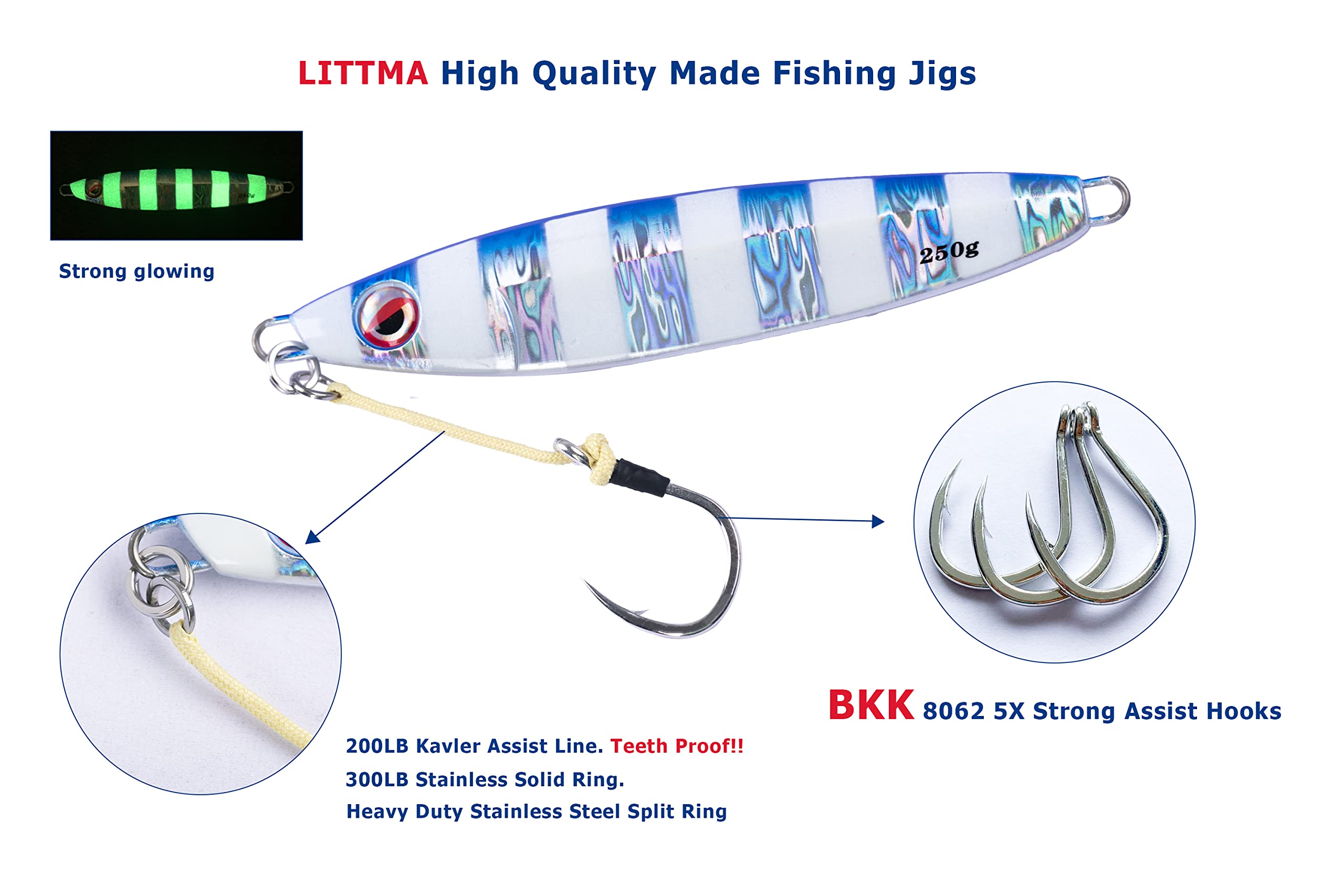 LITTMA Slow Pitch Jigs 150g 200g 250g Flat Fall Jig Slow Jigging Speed Jigging Metal Jigs with Assist Hooks Flatfall Jigs Color Glow
