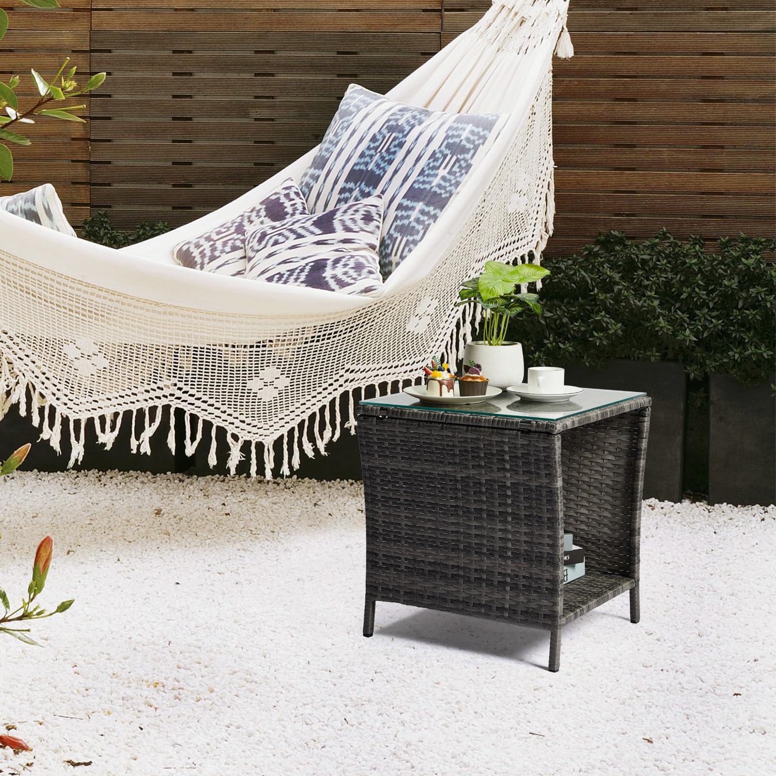 VINGLI Outdoor Wicker Side Table Patio Side Tables for Outside, Tempered Glass Top Wicker Table with Storage End Table for Balcony Porch Deck (Grey)