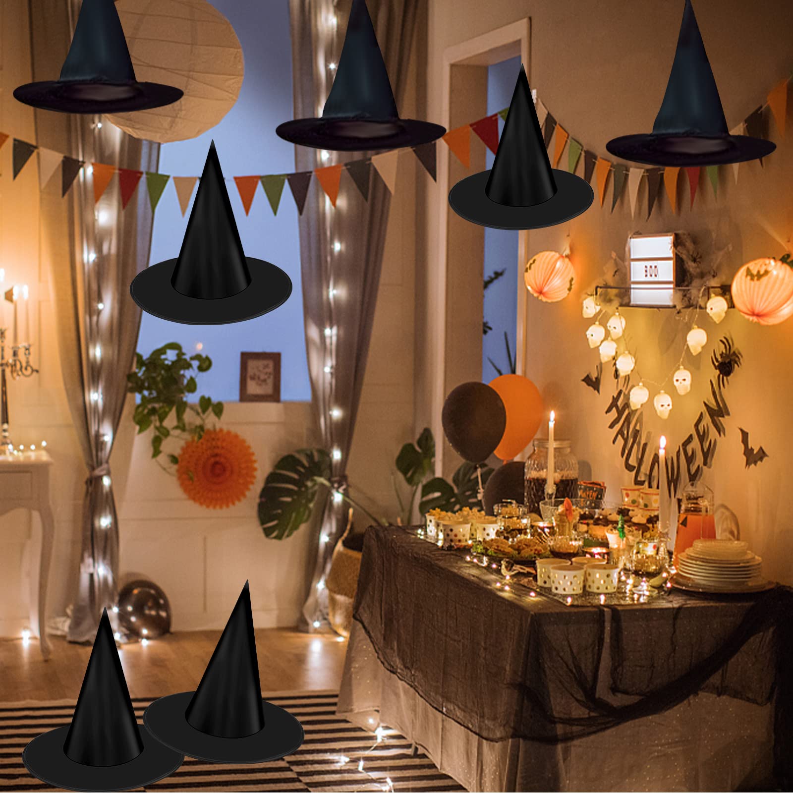 ZMCINER 12 Pcs Halloween Black Witch Hats Decorations Hanging Witch Hats with 100 Yards Rope for Halloween Witch Costume Accessories and Halloween Party Decorations
