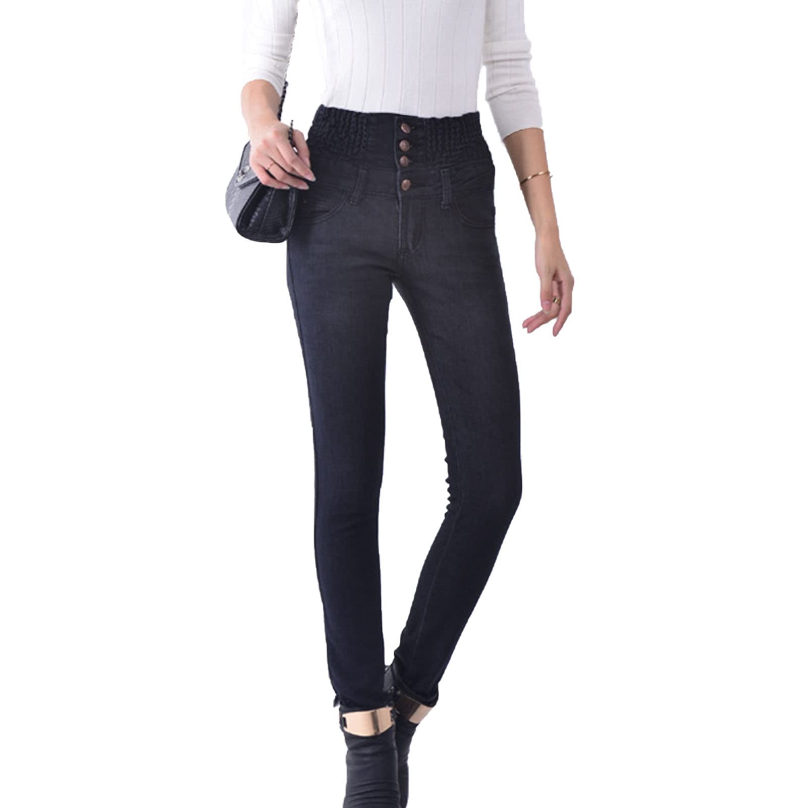 Maiyifu-GJ Women's High Waist Stretch Skinny Jeans Slim Fit 4 Button Denim Pants Solid Color Butt Lifting Jean Trouser (Black,32)