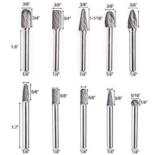 TJATSE 10Pcs Carbide Burrs Set Double Cut Solid Tungsten Carbide Rotary Burr Set 1/4 Inch Shank for Die Grinder Drill Engraving