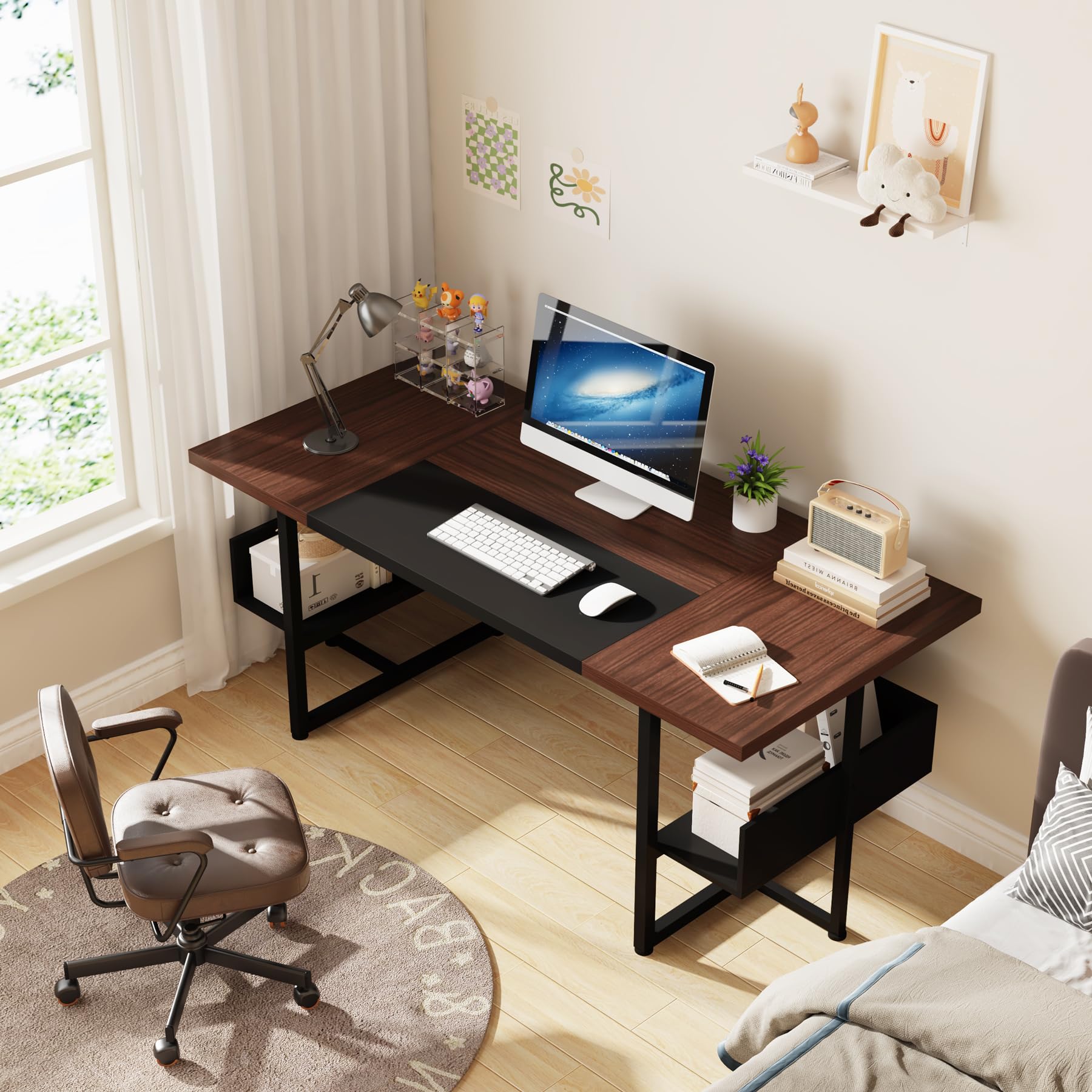 Tribesigns 62 Inch Big Computer Desk with Storage Shelves, Modern Executive Desk Workstation for Home Office Furniture, Walnut & Black