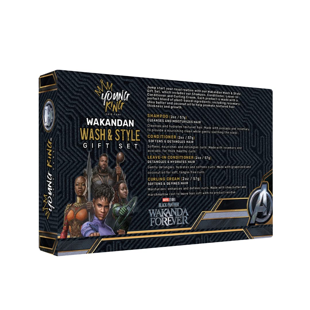 Marvel Black Panther: Wakanda Forever Young King Hair Care Wakandan Wash & Style Gift Set | Shampoo, Conditioner, Leave-In Conditioner, Curling Cream