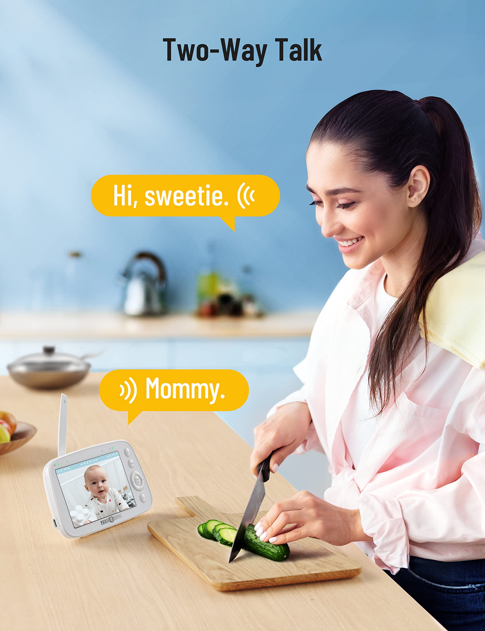 PARIS RHÔNE Video Baby Monitor, 5" 720P HD Baby Monitor with Camera and Audio, No WiFi, 2 Way Audio, VOX Mode, Infrared Night Vision, Feeding Reminder, Wide-Angle View Temperature Sensor Lullabies