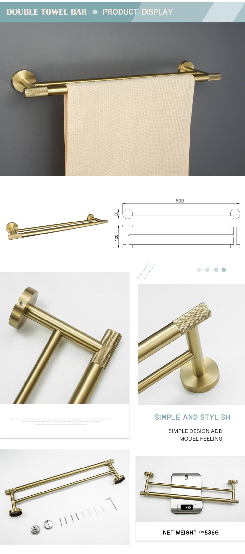 Golden Towel Rack Towel Bar Ring Brushed Gold Hardware Set Robe Coat Hook Toilet Tissue Paper Holder Bathroom Accessories Kit,2 PCS Robe Hook
