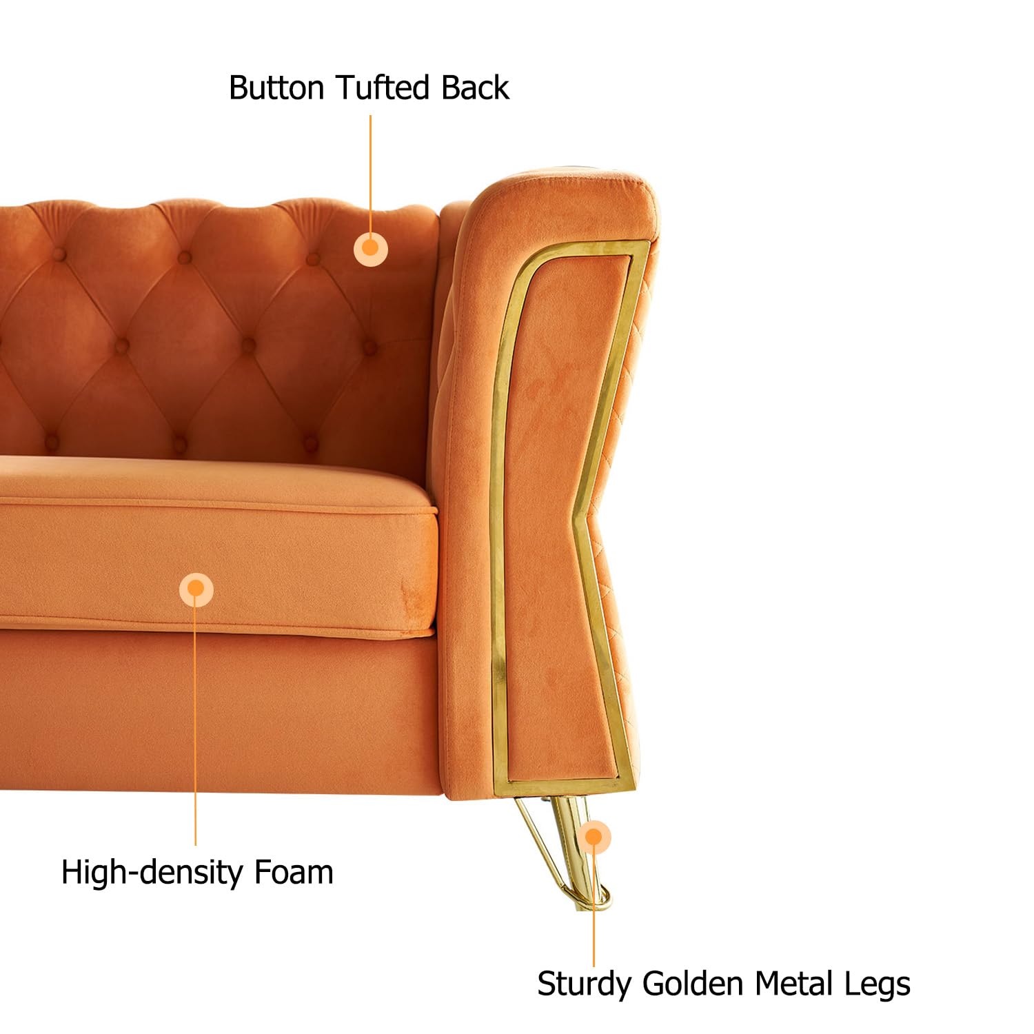 Vensico Modern Velvet Sofa Couch for Living Room, 87.4 Inch Long Tufted Sofa Unique Upholstered Couch Oversized Sofa Decor Furniture with Golden Metal Legs (Orange)