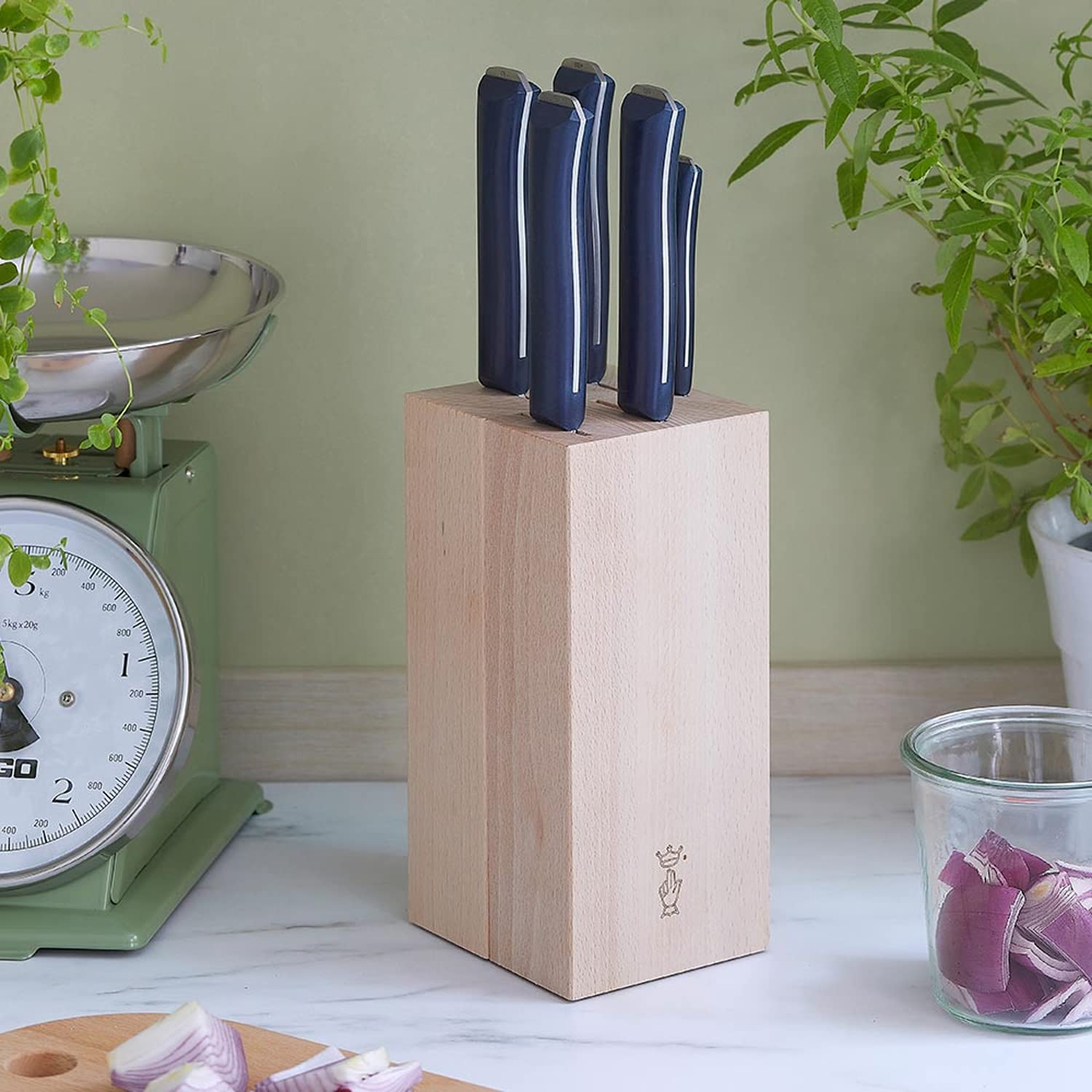 Opinel Intempora Knife Block with 5 Knives, Beech Wood Knife Block, Knife Set