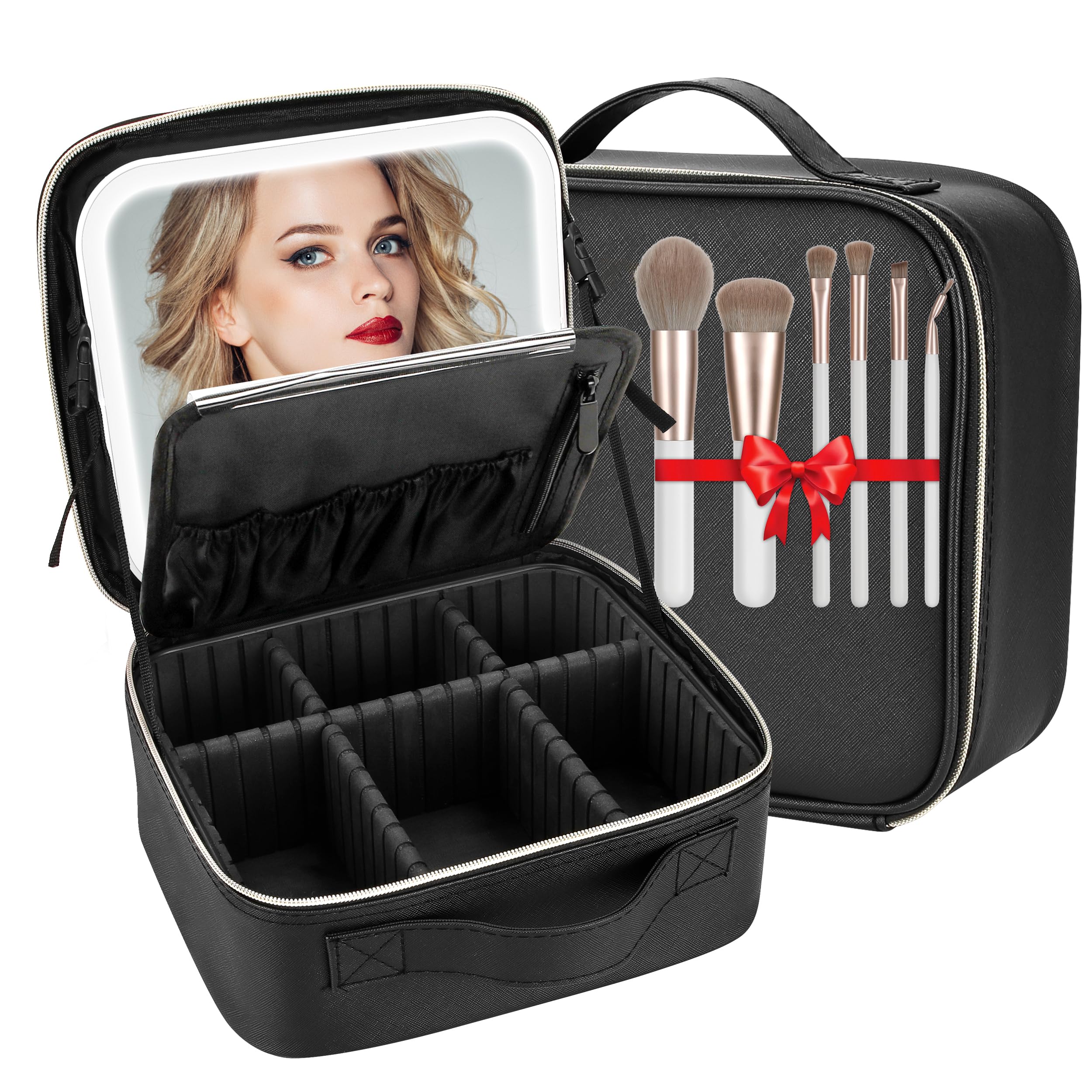 POZILAN Makeup Bag with Light Up Mirror - Make Up Bag with Mirror and Light and Adjustable Dividers, Waterproof Makeup Bag with Lighted Mirror, Portable Makeup Brush Organizer Gift for Women