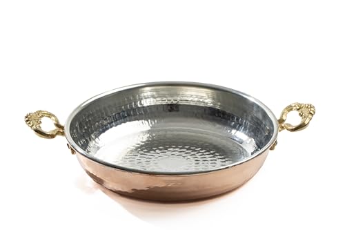 vensila Hand Hammered Copper Pan - Tin Lined Thick Copper Frying Skillet - Authentic Omelette Pan - Red Copper Egg Pan with Brass Handles - Turkish Copper Cookware Sahan (9 inch)