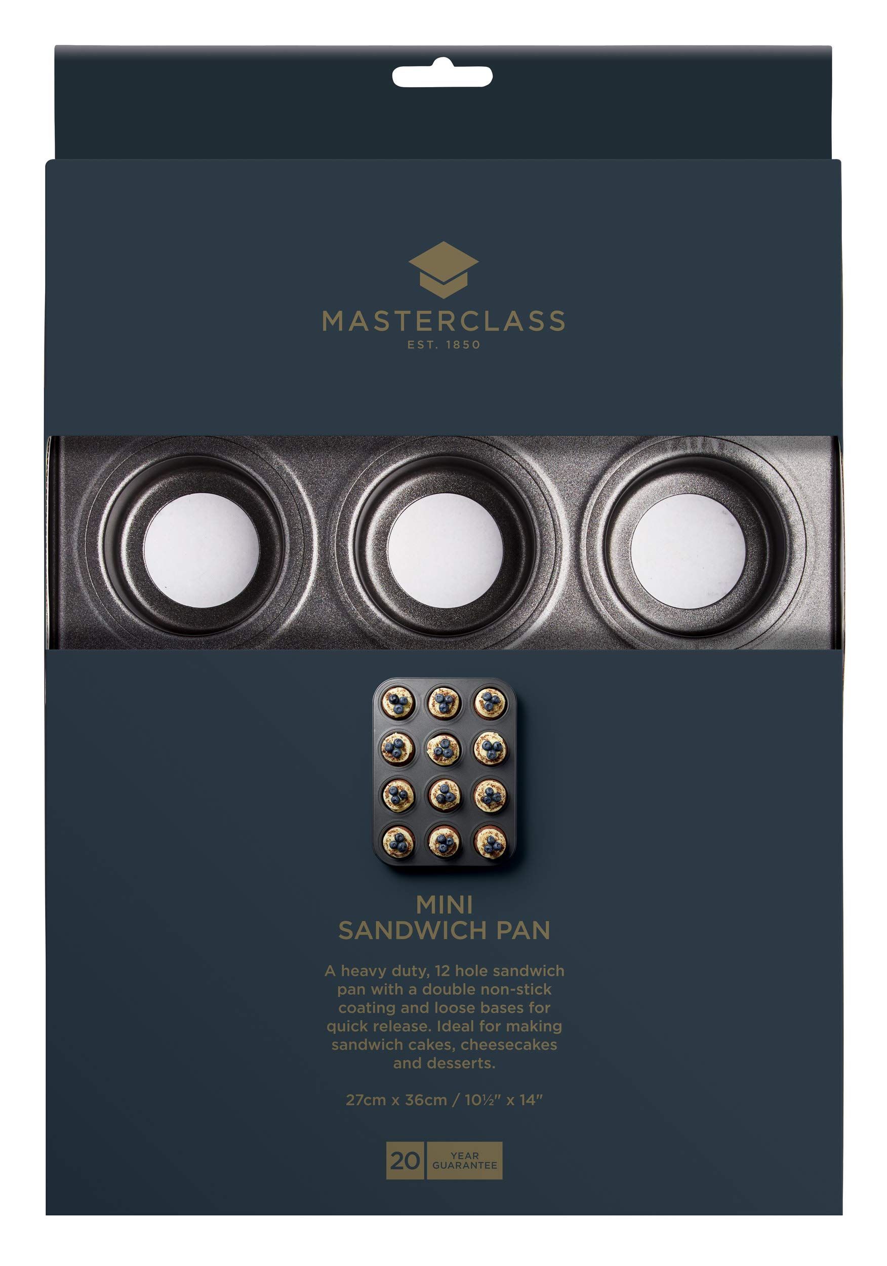 MasterClass KCMCHB96 12 Hole Mini Sandwich Tin with Loose Bases and PFOA Non Stick in Gift Box, Robust 1 mm Carbon Steel, 27 x 36 cm, Grey
