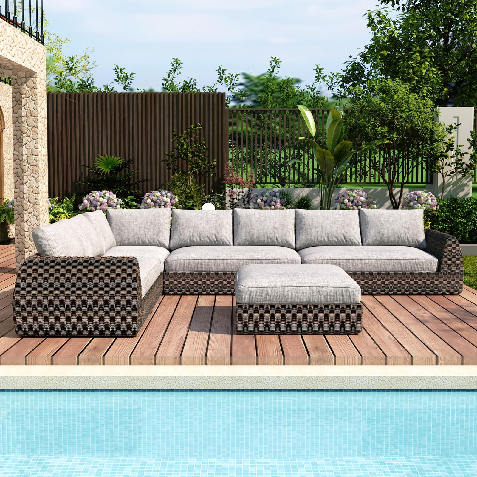 U-MAX 7-Seat Outdoor Patio Deep Seating Lounge Set with Sofa, L-Shape Backyard Patio Furniture Set, Brown Rattan Conversation Sets,Light Grey
