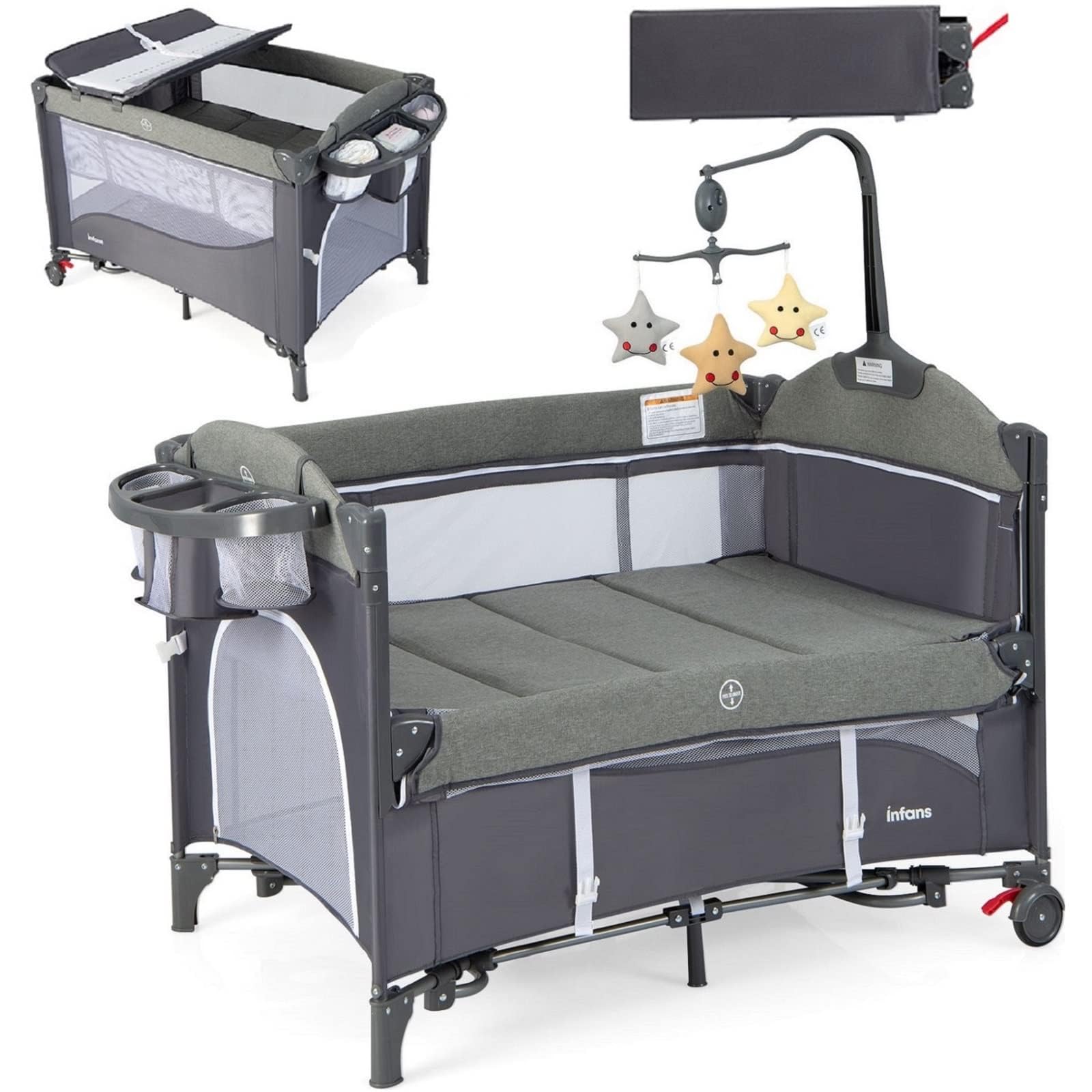 INFANS Pack and Play, Baby Bedside Sleeper with Bassinet, Diaper Changer, Mattress, Carry Bag, Music Box Hanging Toys, Foldable Bedside Crib, Portable Playard for Newborn Toddlers (5 in 1, Classic)