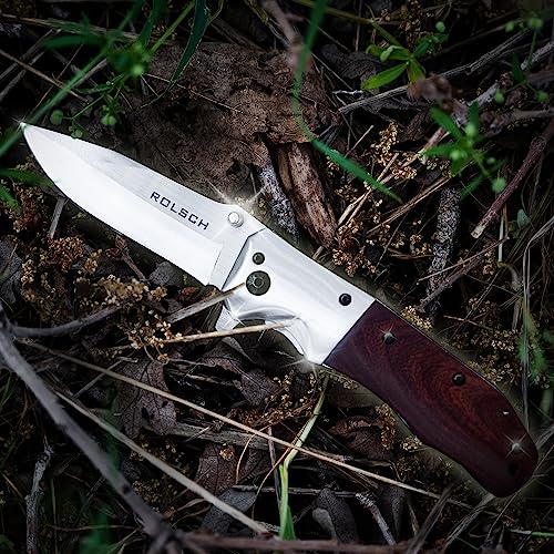 Rolsch - Wood handled Pocket Knife - Spring Assisted Folding Knife β Stainless Steel Blade and Rosewood Handle with Pocket Clip - Great Folding Knife for Hunting, Camping, Survival, Tactical, EDC