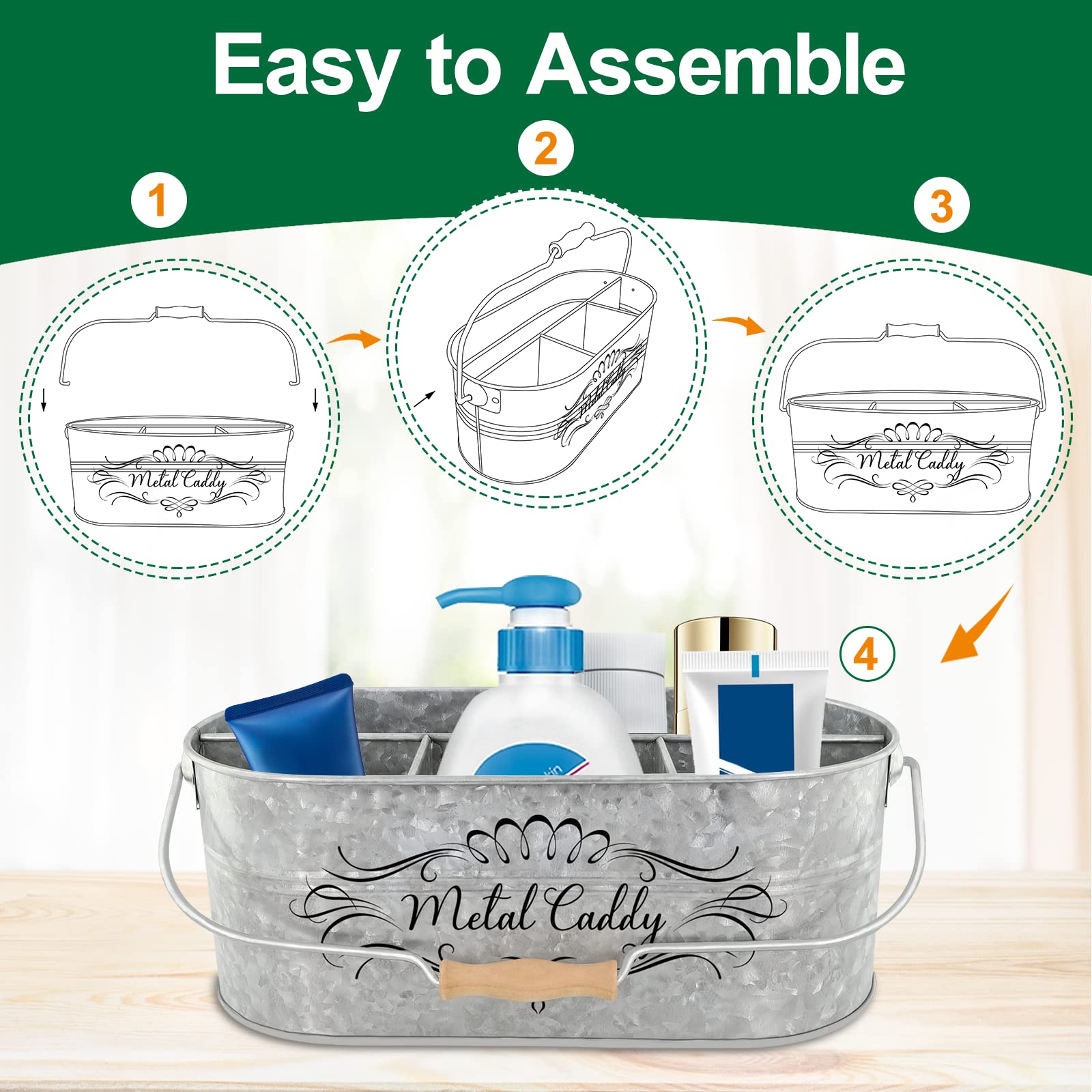 KAVSI Home Galvanized Metal Kitchen Utensil Box with Comfortable Handle for Kitchen Counter-Top/Dining Table, With Dividers Flatware Storage Organizer for Paper Plates, Napkins and Silverware