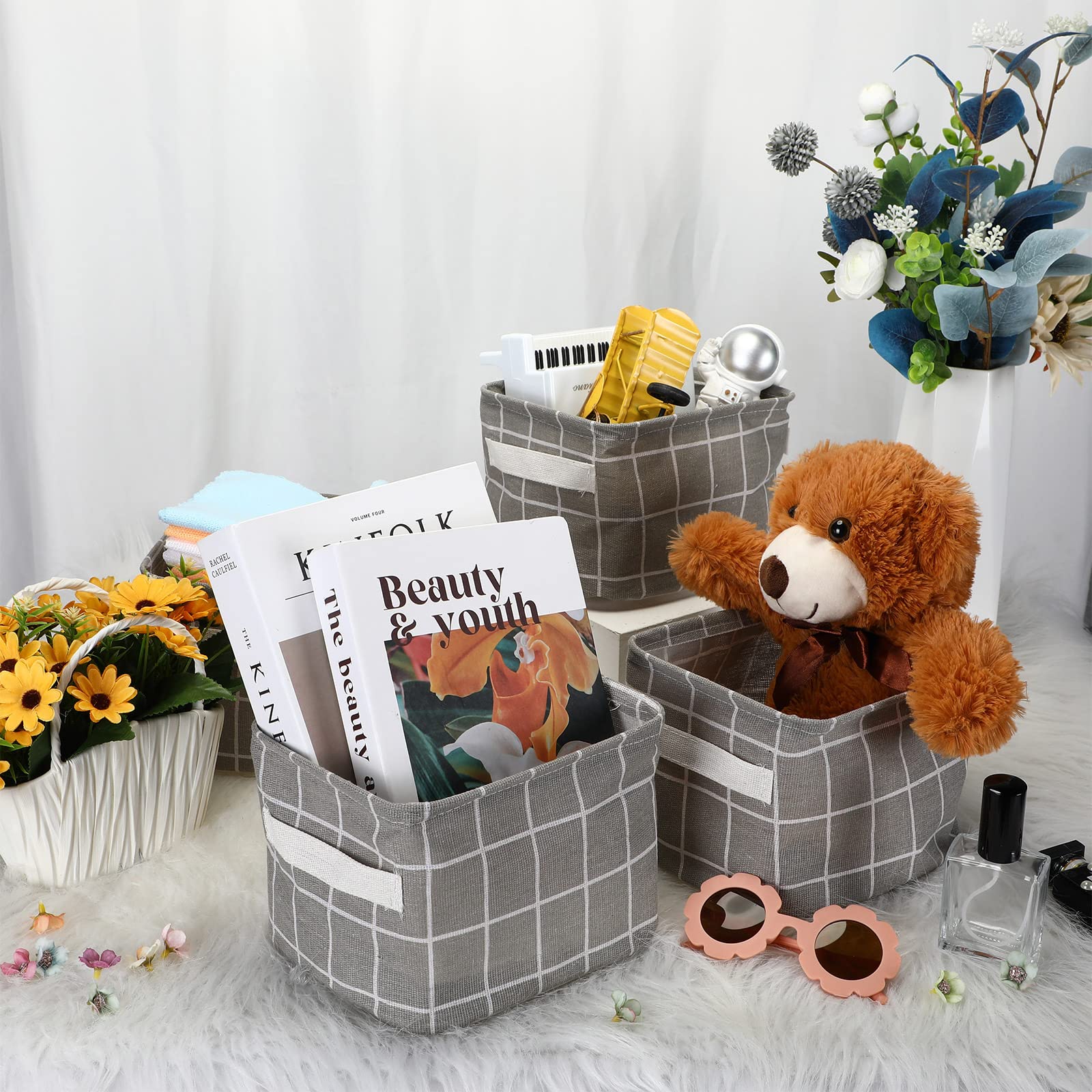Nuogo 12 Pcs Small Fabric Storage Baskets Collapsible Storage Bin Foldable Cloth Cubes Bin Waterproof Bathroom Storage Bins Organizer Containers with Handles for Kids Toys, 7.9 x 6.3 x 5.1 Inch