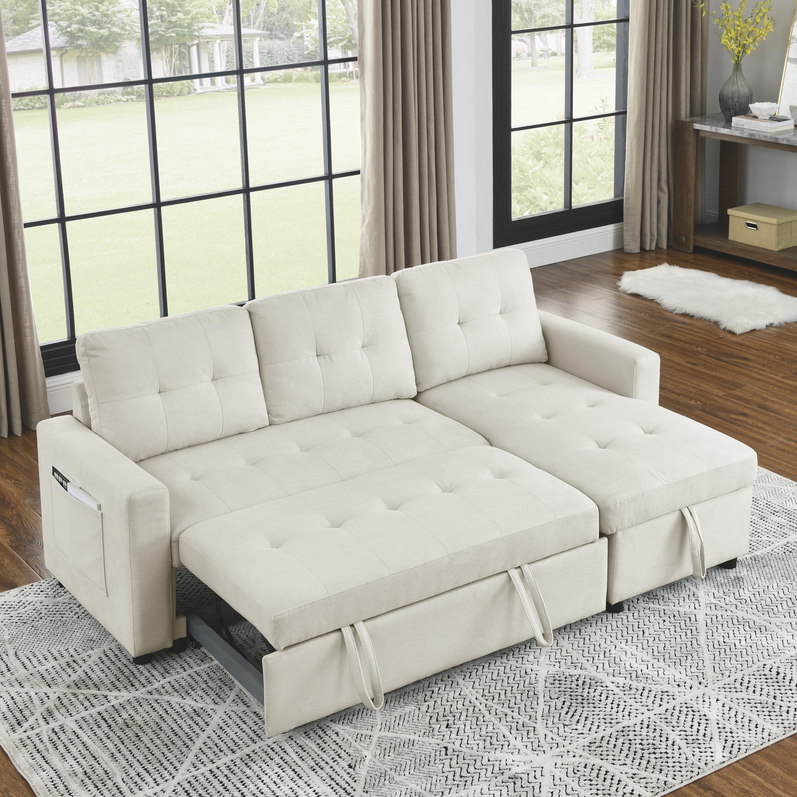 XZTUAJ 78" L Shaped Couch Sofa,3 Seater Couch Reversible Sleeper Sectional Sofa with Pull-Out Bed,Comfy Tufted L-Shaped Sectional Sofa Couch Bed with Storage Chaise Side Pocket for Living Room (Beige)