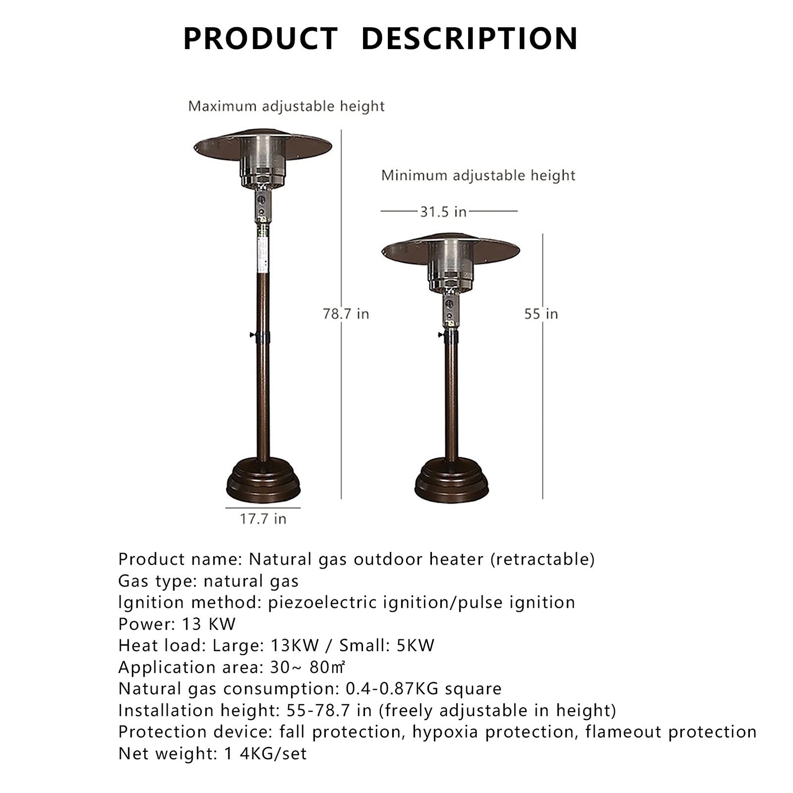 Patio Heater,Outdoor Heater For Natural Gas Adjustable Height, Between 140-200cm(55-78in),Includes 12 Ft-Long Natural Gas Hose,Passed cETL Certification