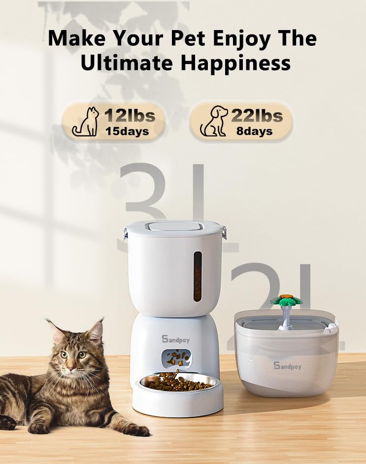 Sandpoy Automatic Cat Feeder and Water Dispenser FW1, 3L Cat Food Dispenser with Locking Lid, Two-in-One Set Timed Cat Feeder for Cats and Puppies, Pet Feeder with Portion Control, 4 Daily Meals